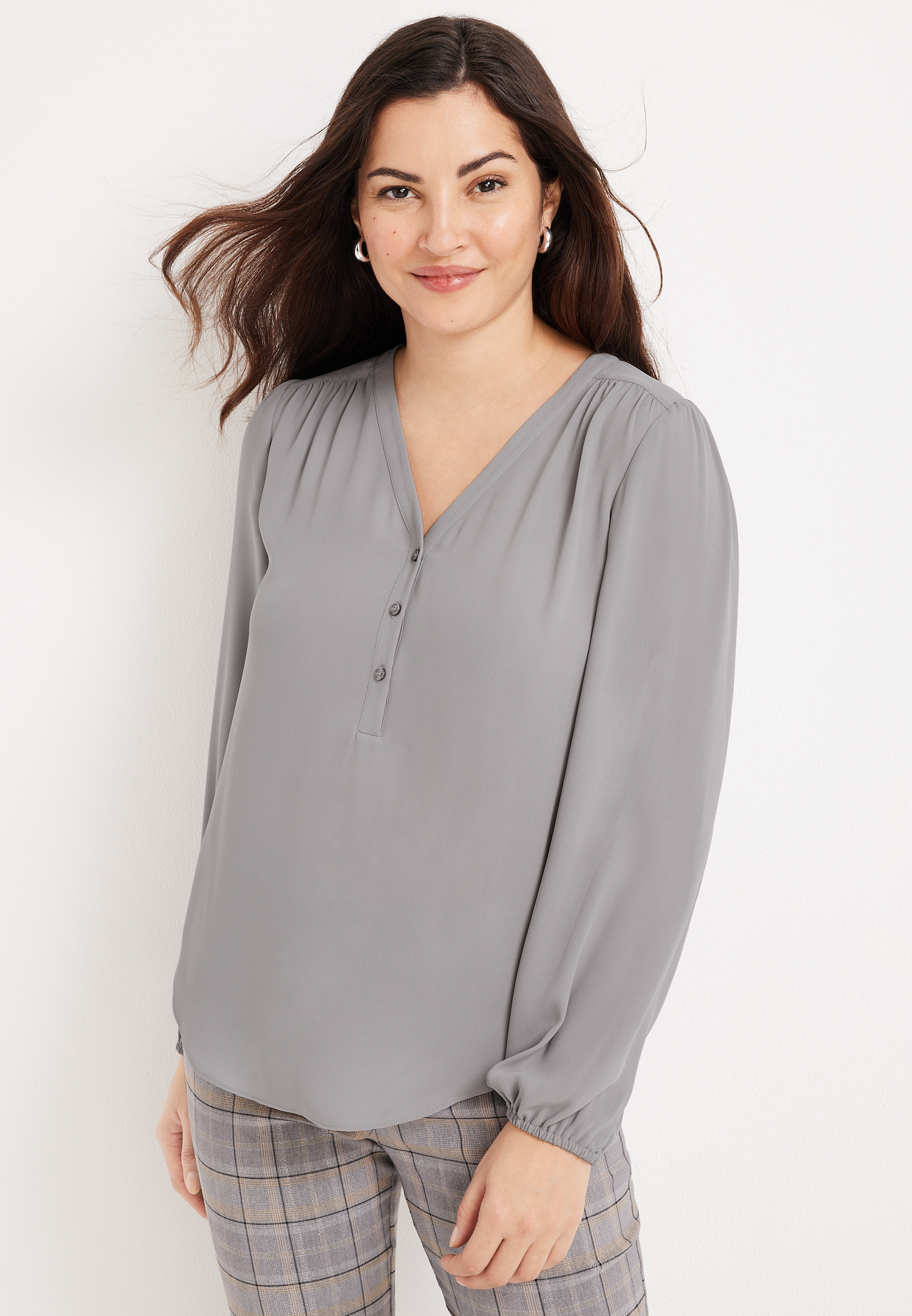 Solid Half Button Down Blouse | maurices