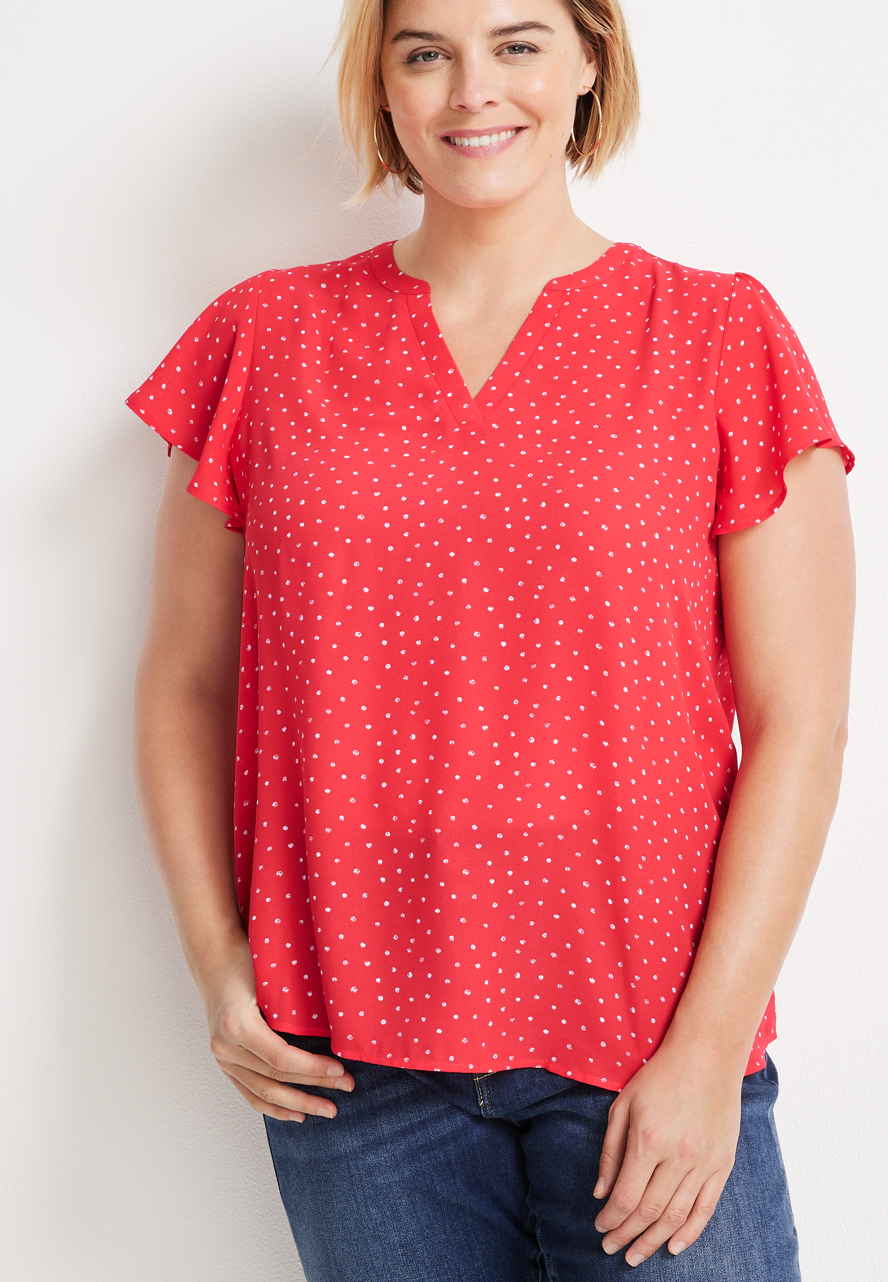 Plus Size Atwood Polka Dot Flutter Sleeve Blouse | maurices