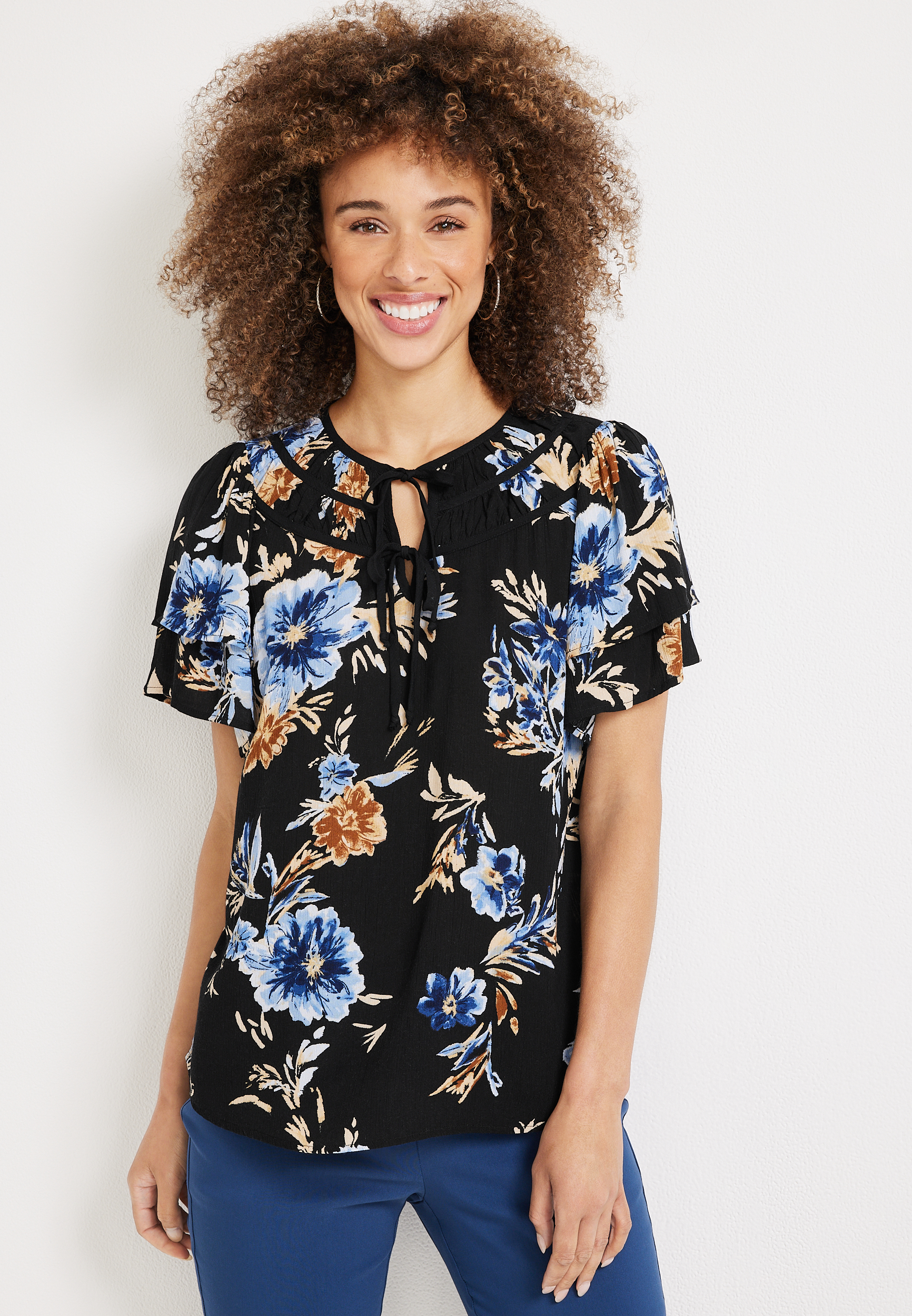 Floral Double Flutter Sleeve Blouse | maurices