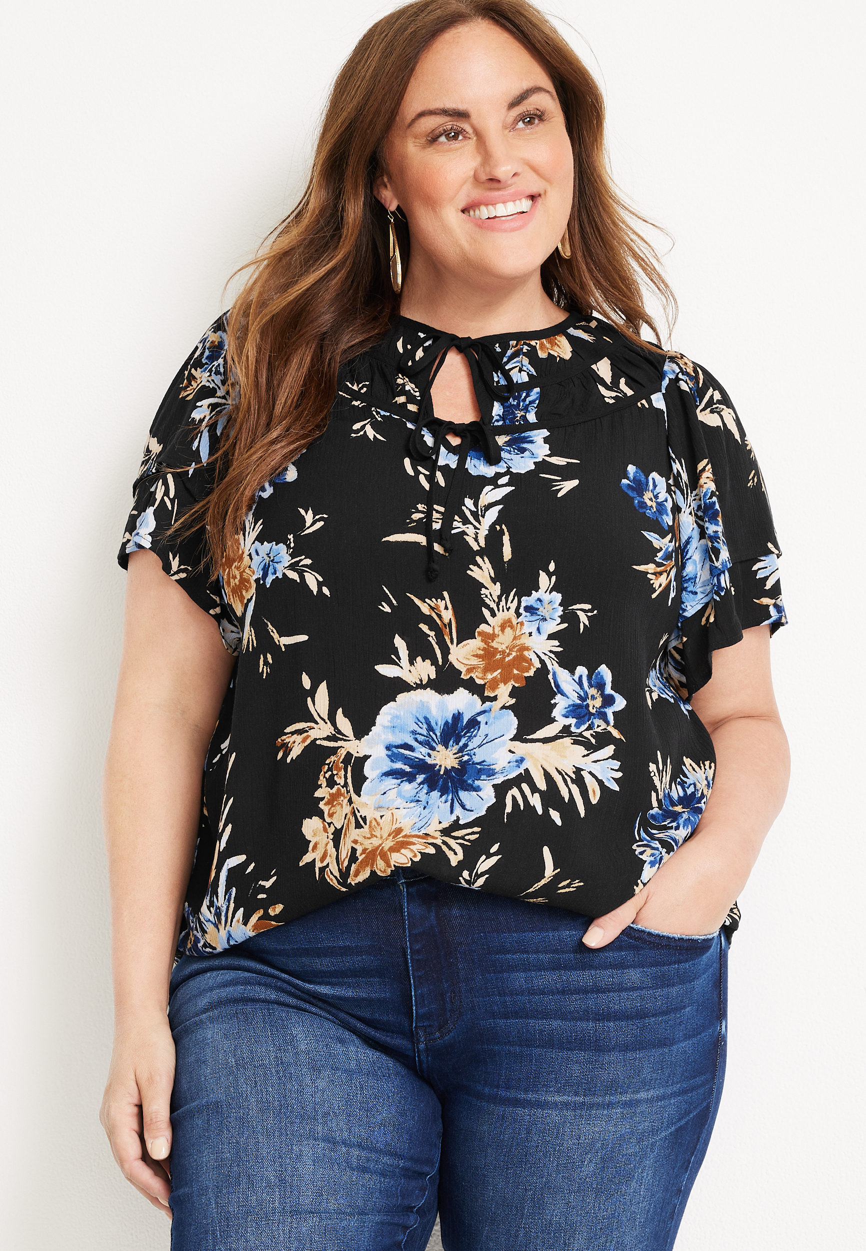 Plus Size Floral Double Flutter Sleeve Blouse | maurices