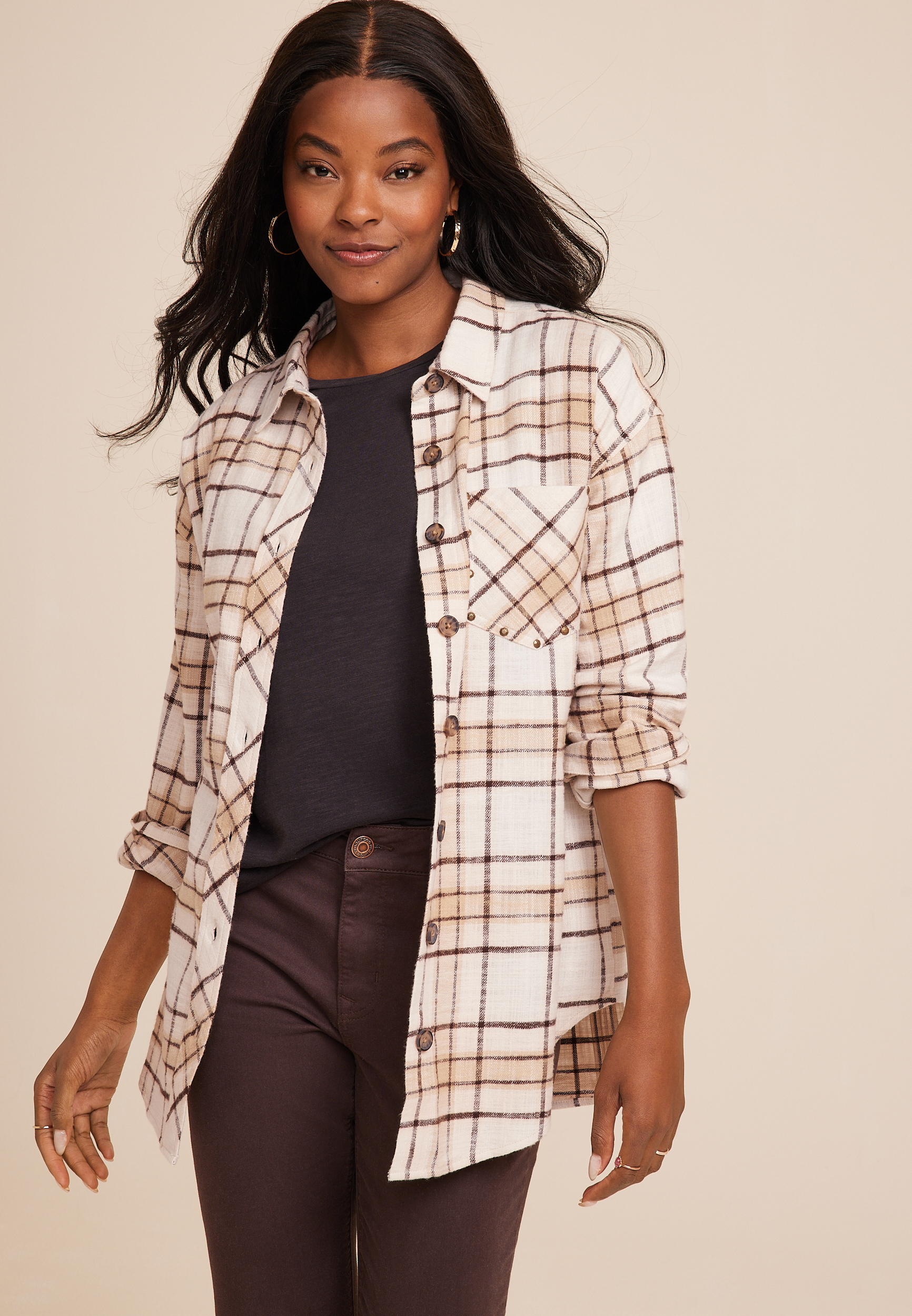 Cabin Plaid Boyfriend Tunic Shirt | maurices