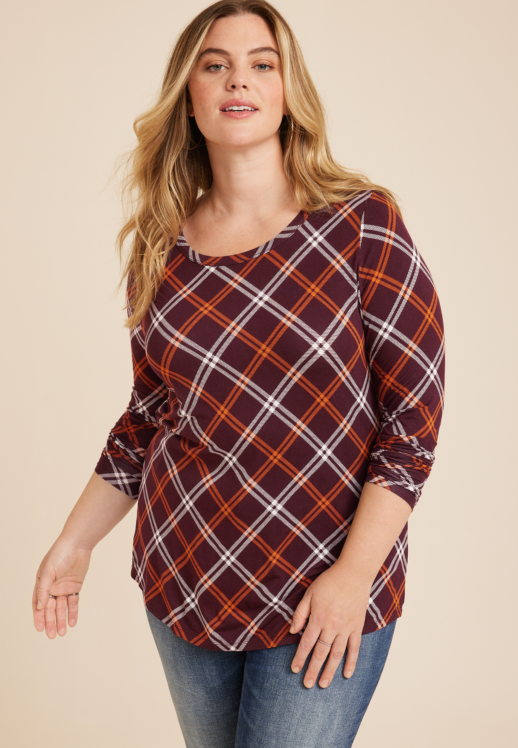 Plus Size 24/7 Kennedy Plaid Crew Neck Tee | maurices