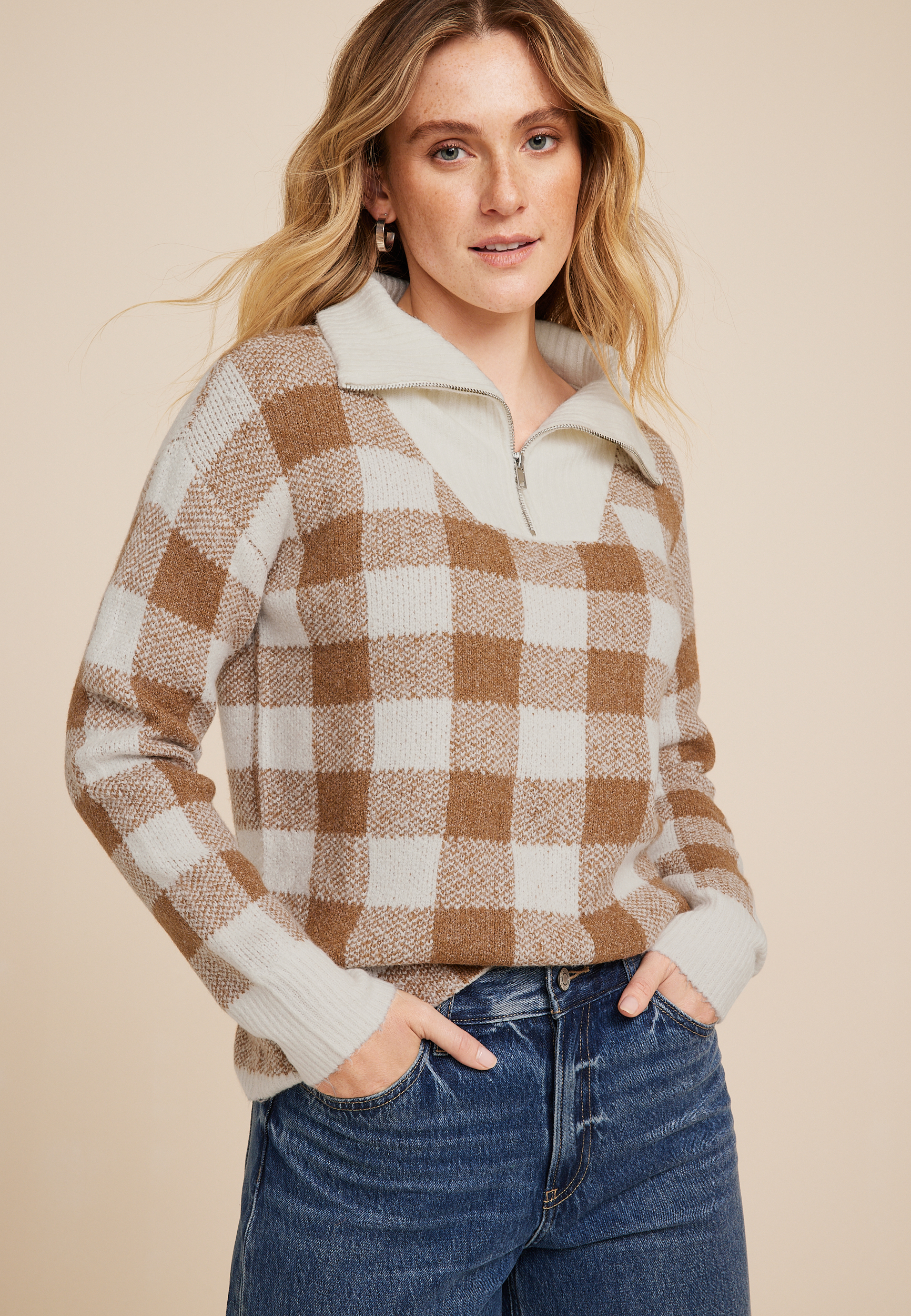 Buffalo Plaid Quarter Zip Sweater | maurices