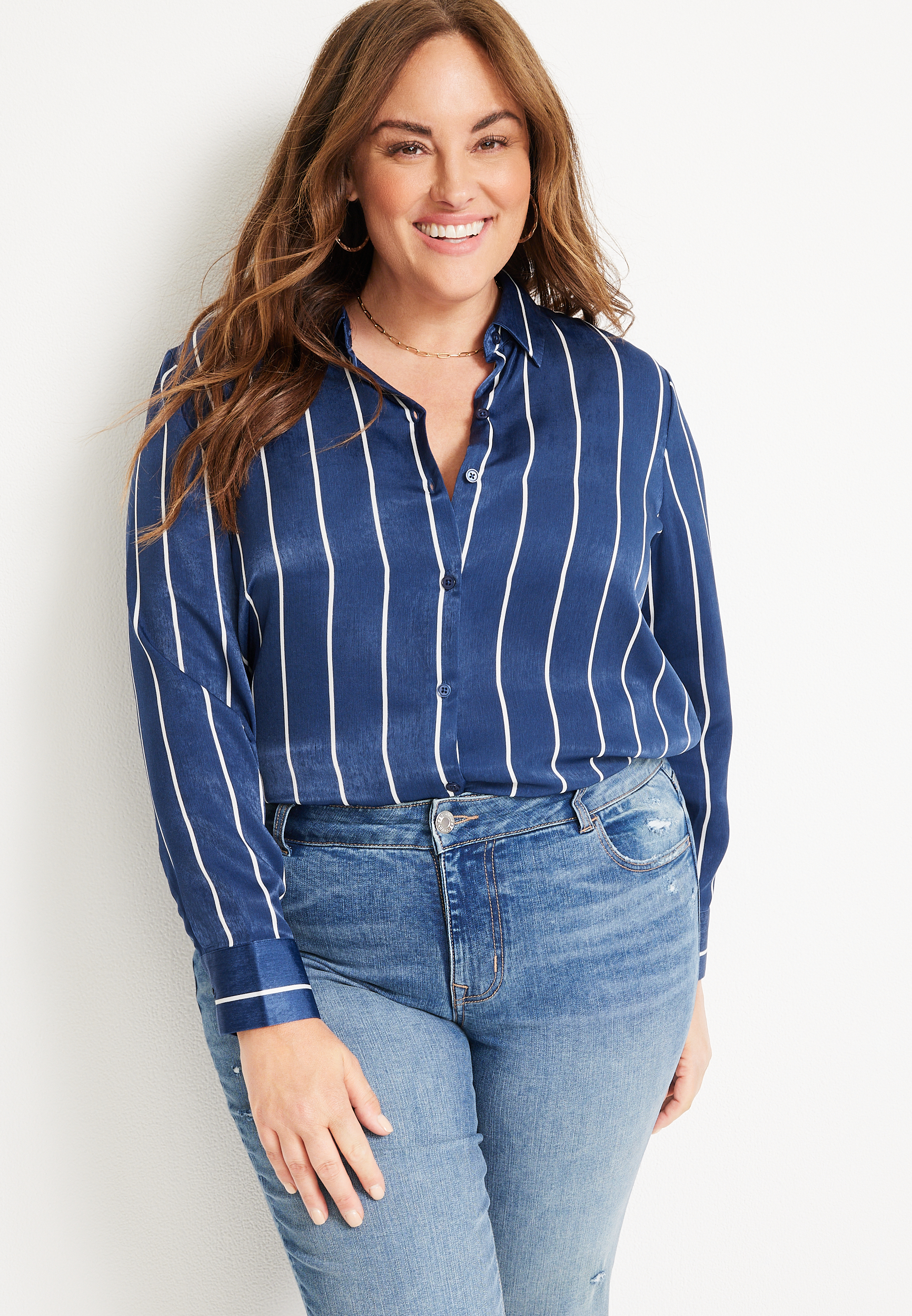 Plus Size Winona Striped Satin Button Down Blouse | maurices