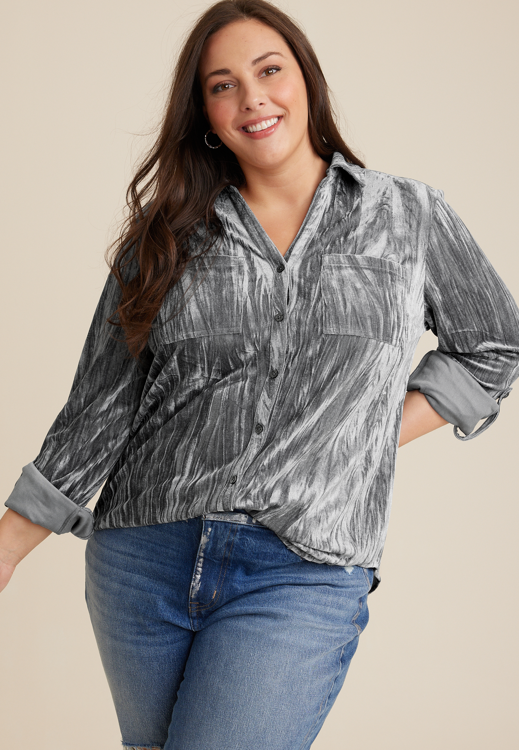 Plus Size Winona Velvet Button Down Blouse | maurices