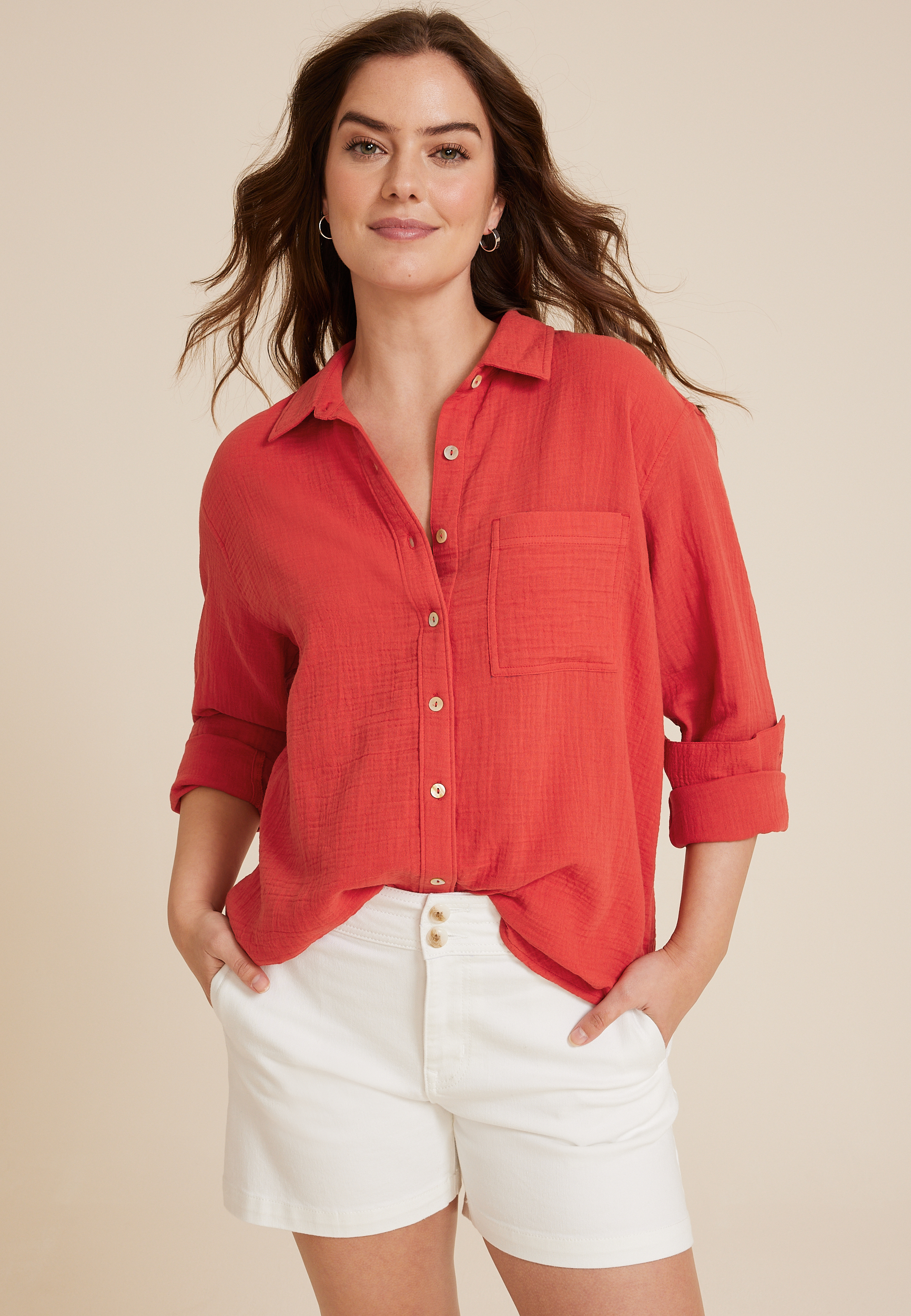 Cool Cotton Relaxed Button Up Shirt | maurices