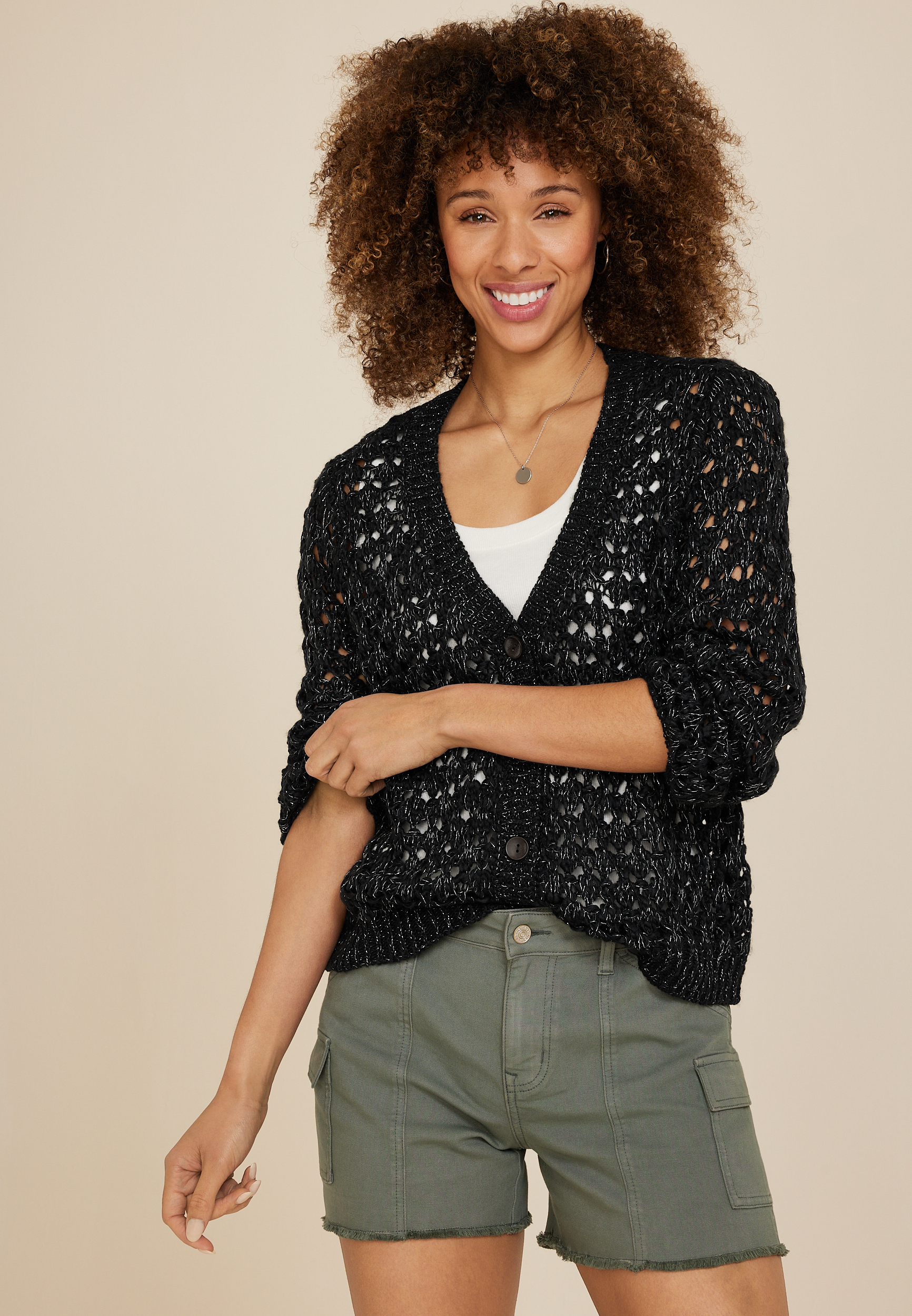 Metallic Open Stitch Button Up Cardigan | maurices