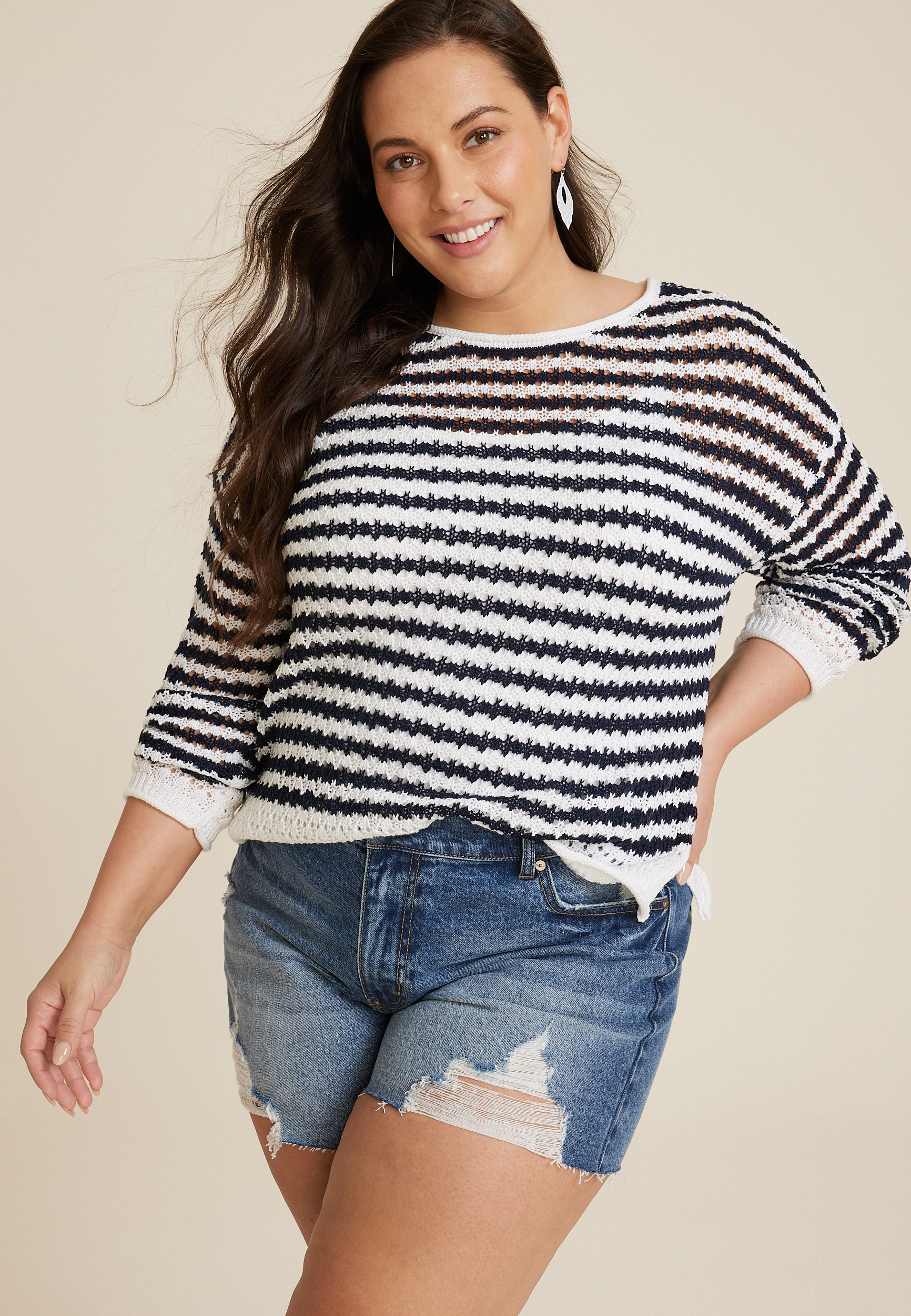 Plus Size Striped Open Stitch Sweater | maurices