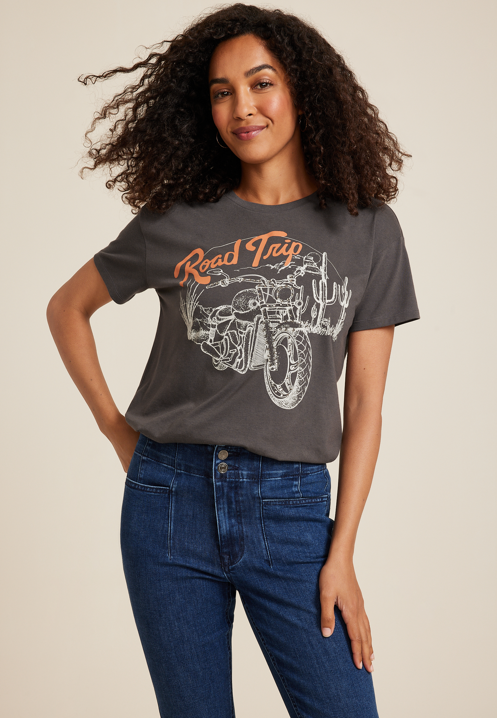 Road Trip Rhinestone Motorcycle Relaxed Fit Graphic Tee | maurices