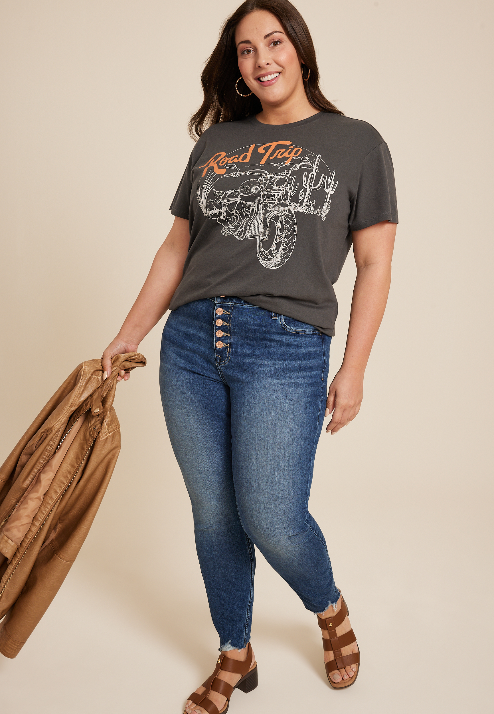 Plus Size Road Trip Rhinestone Motorcycle Relaxed Fit Graphic Tee | maurices