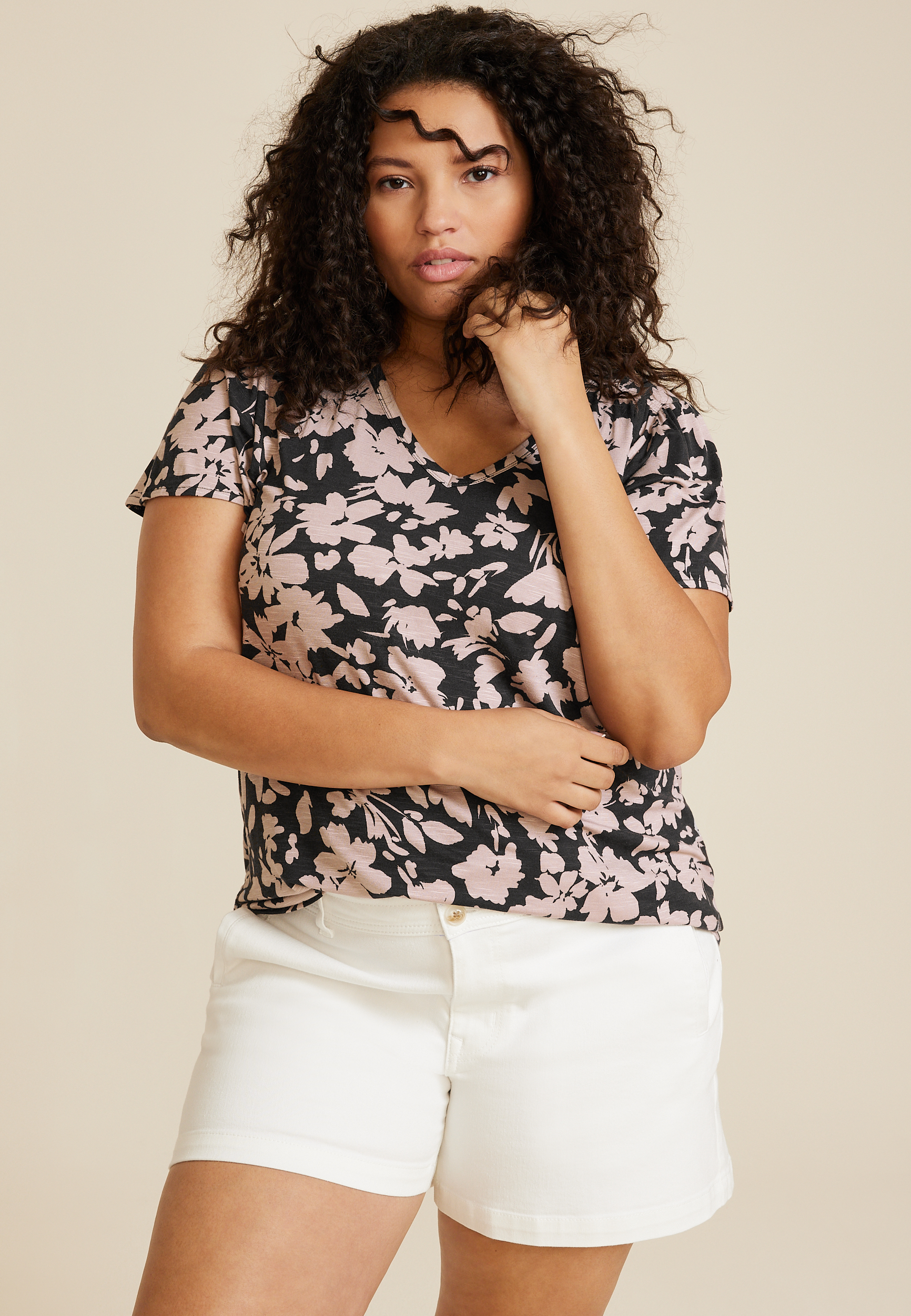 Plus Size 24/7 Waverly Floral Flutter Sleeve Tee | maurices