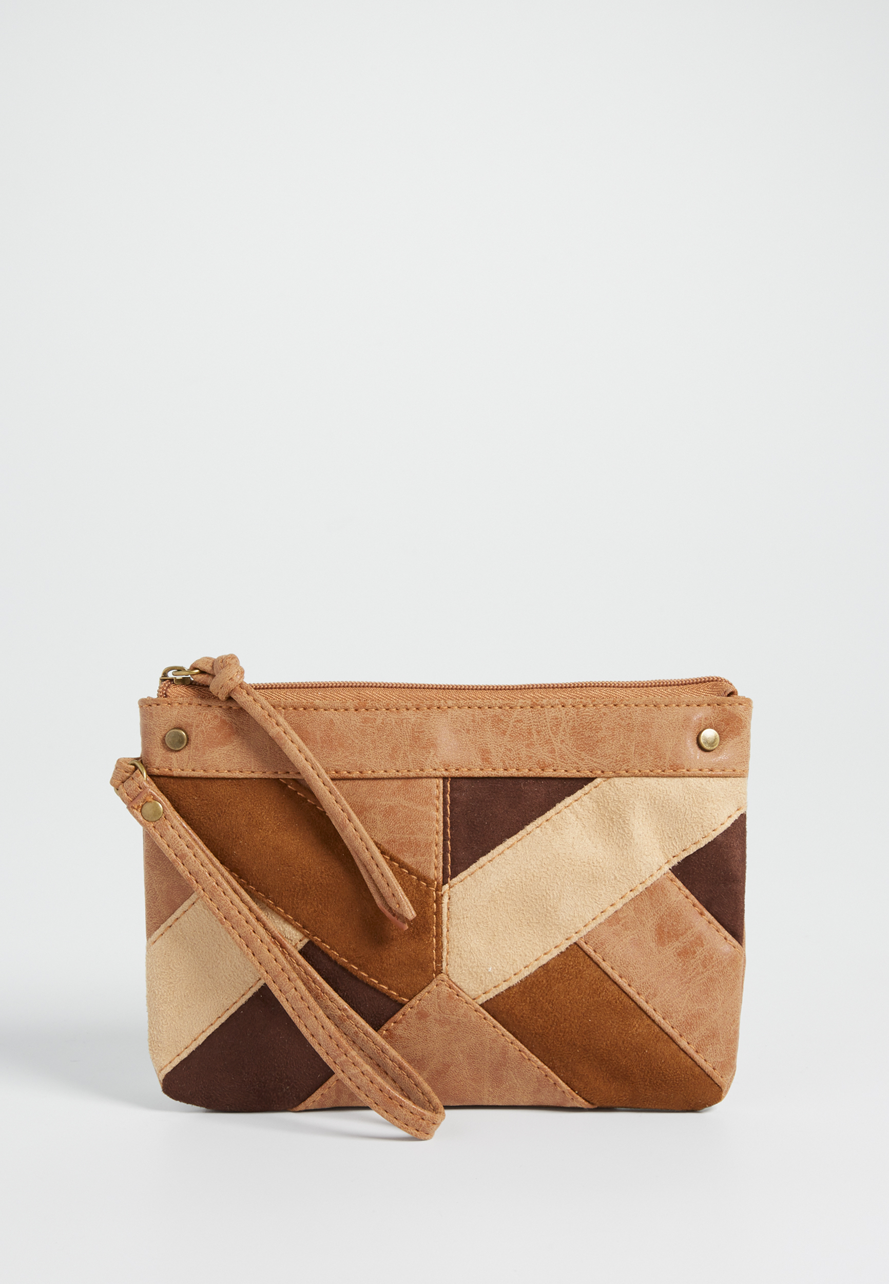 faux leather wristlet with faux suede patchwork | maurices