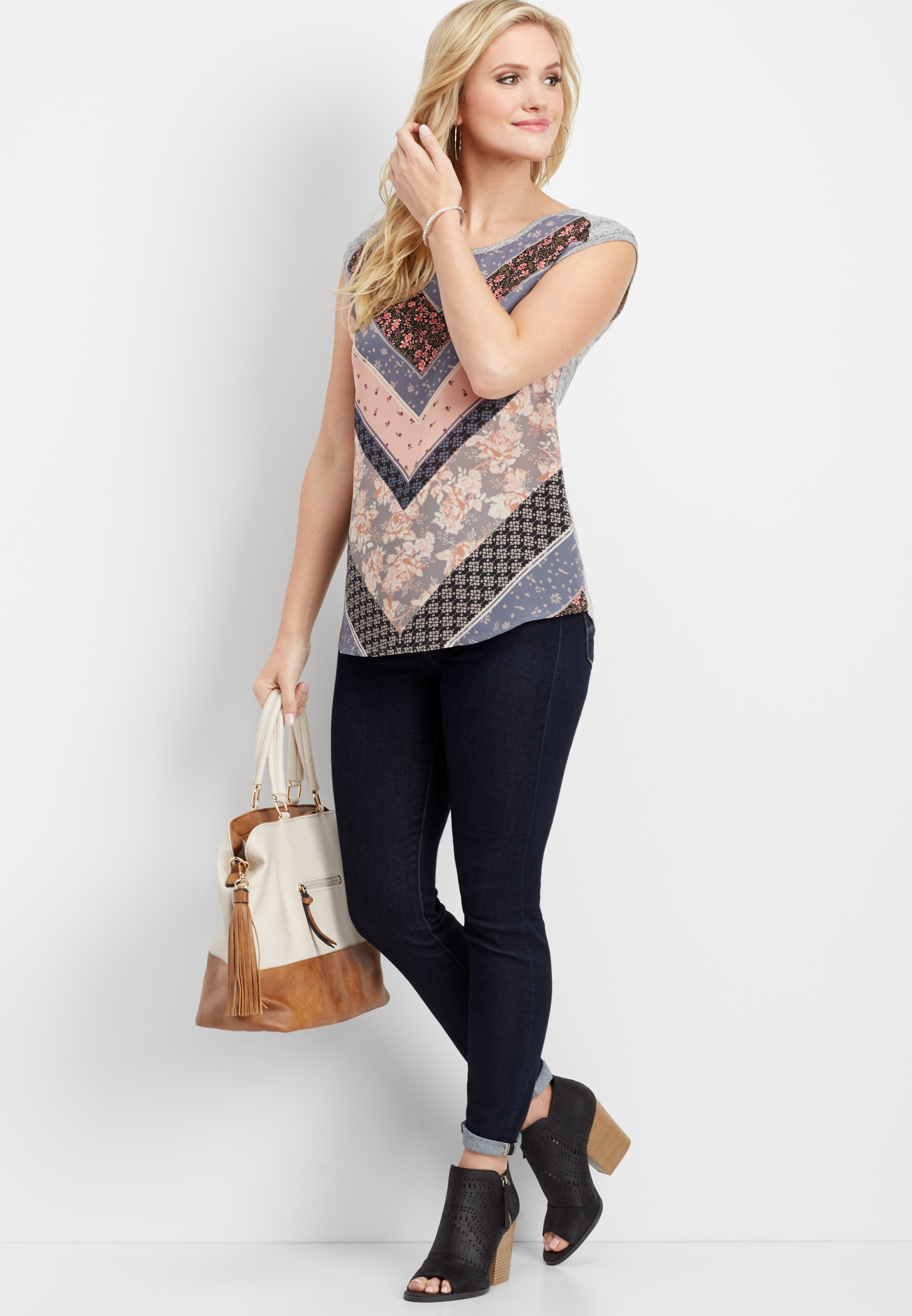 lace up back floral miter tee | maurices