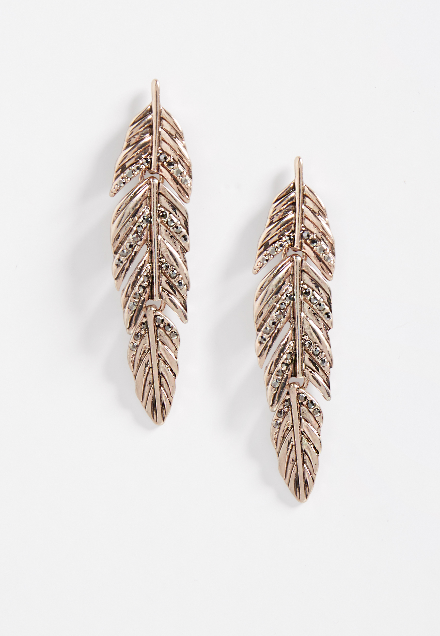 Rose Gold Hinged Feather Rhinestone Earrings | maurices