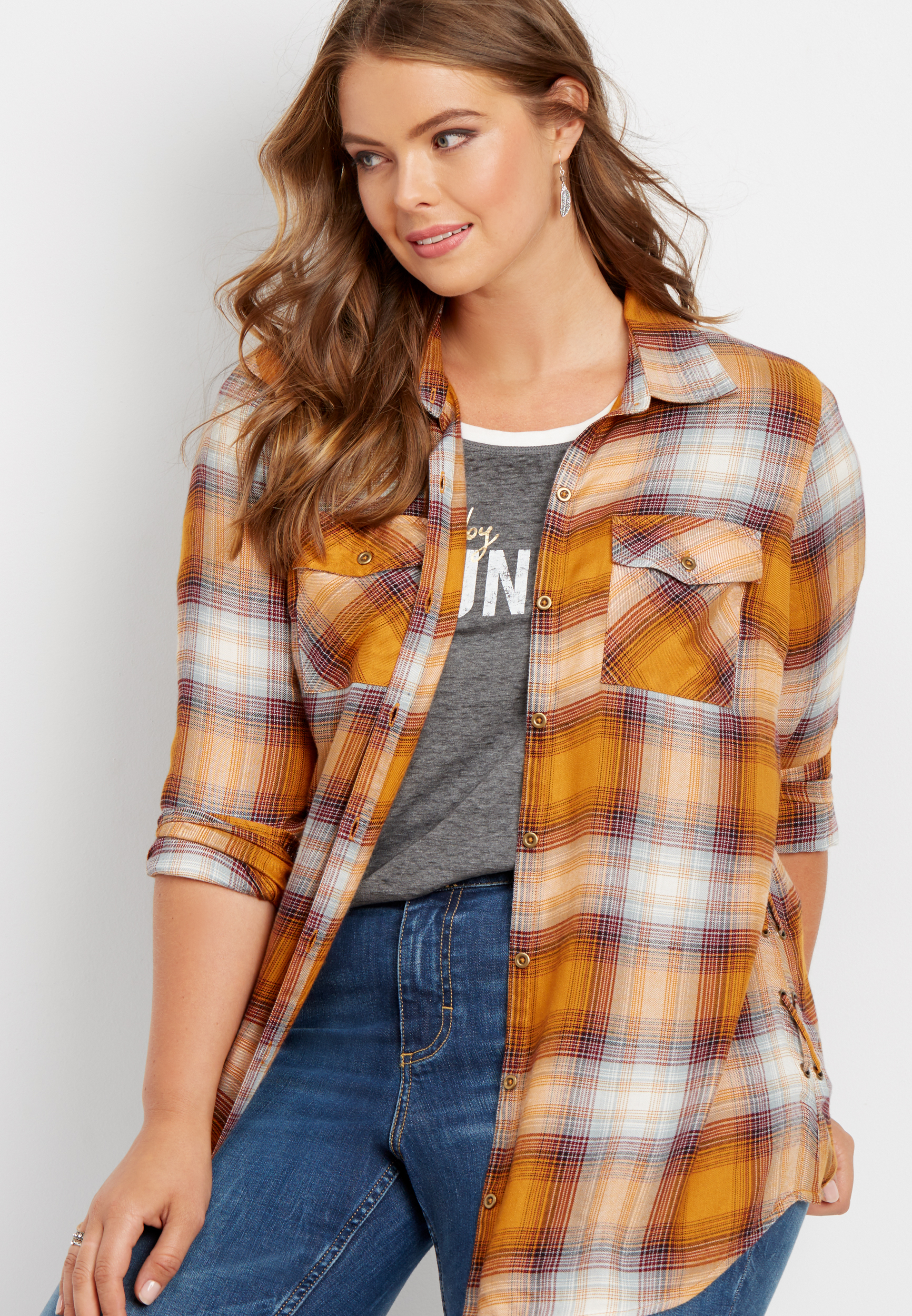 plus size lace up side plaid button down tunic shirt | maurices