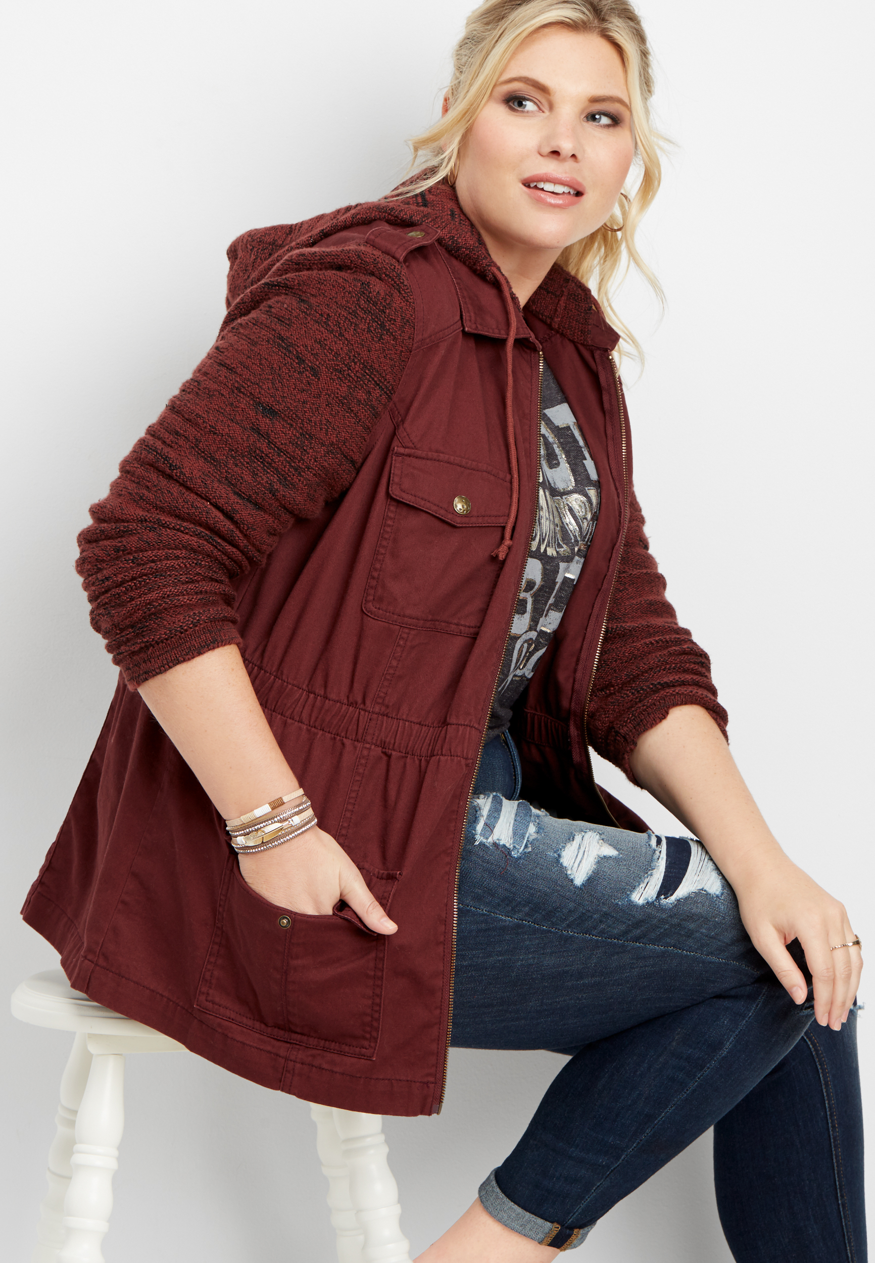 plus size patterned sweater twill jacket | maurices