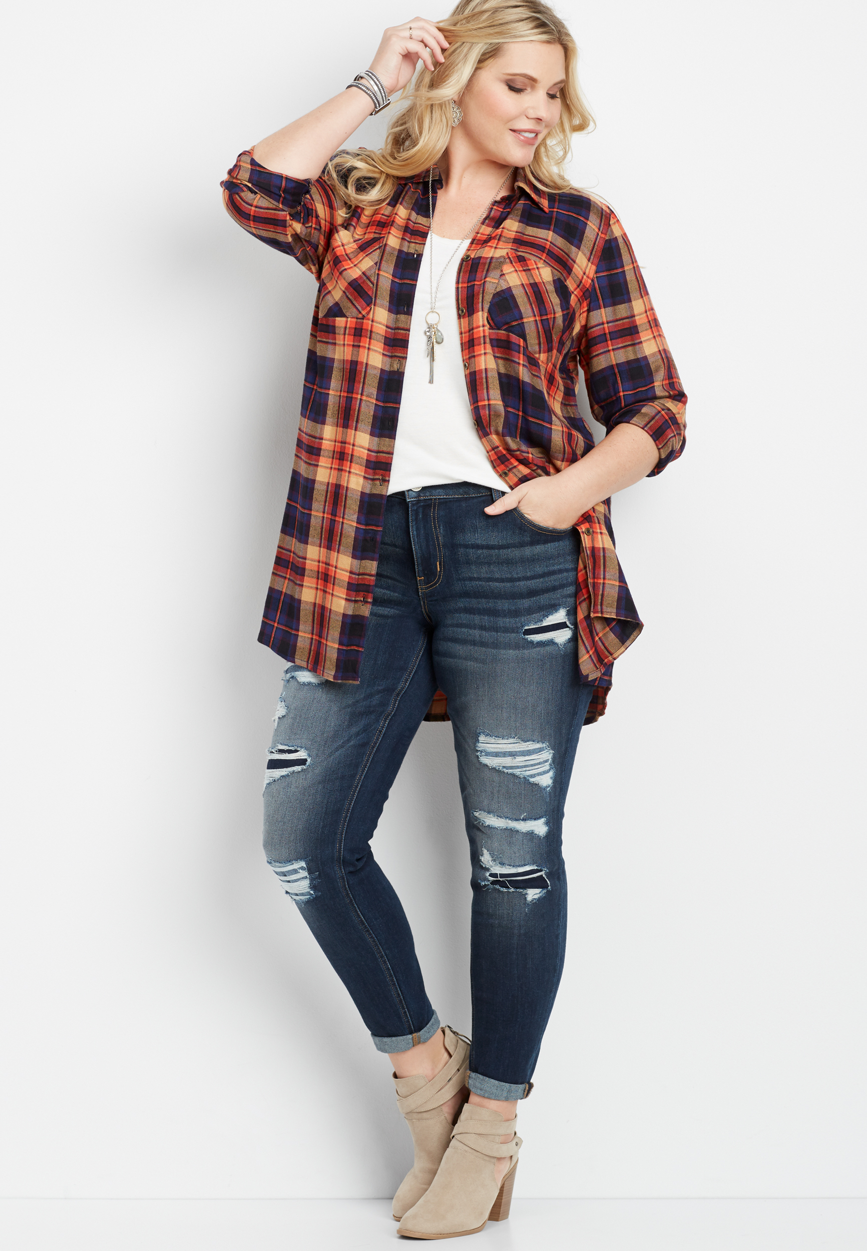 plus size plaid button down tunic top | maurices