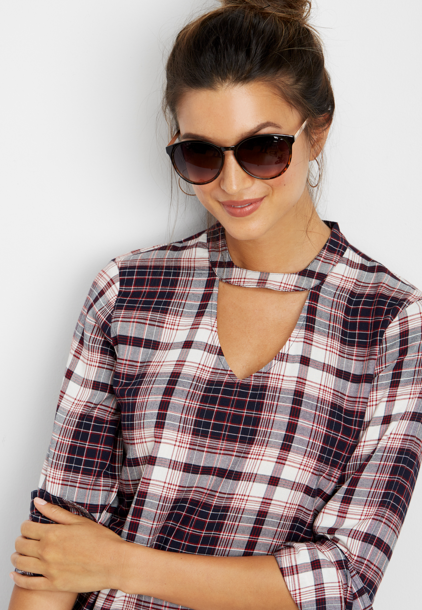 plaid keyhole neck top | maurices