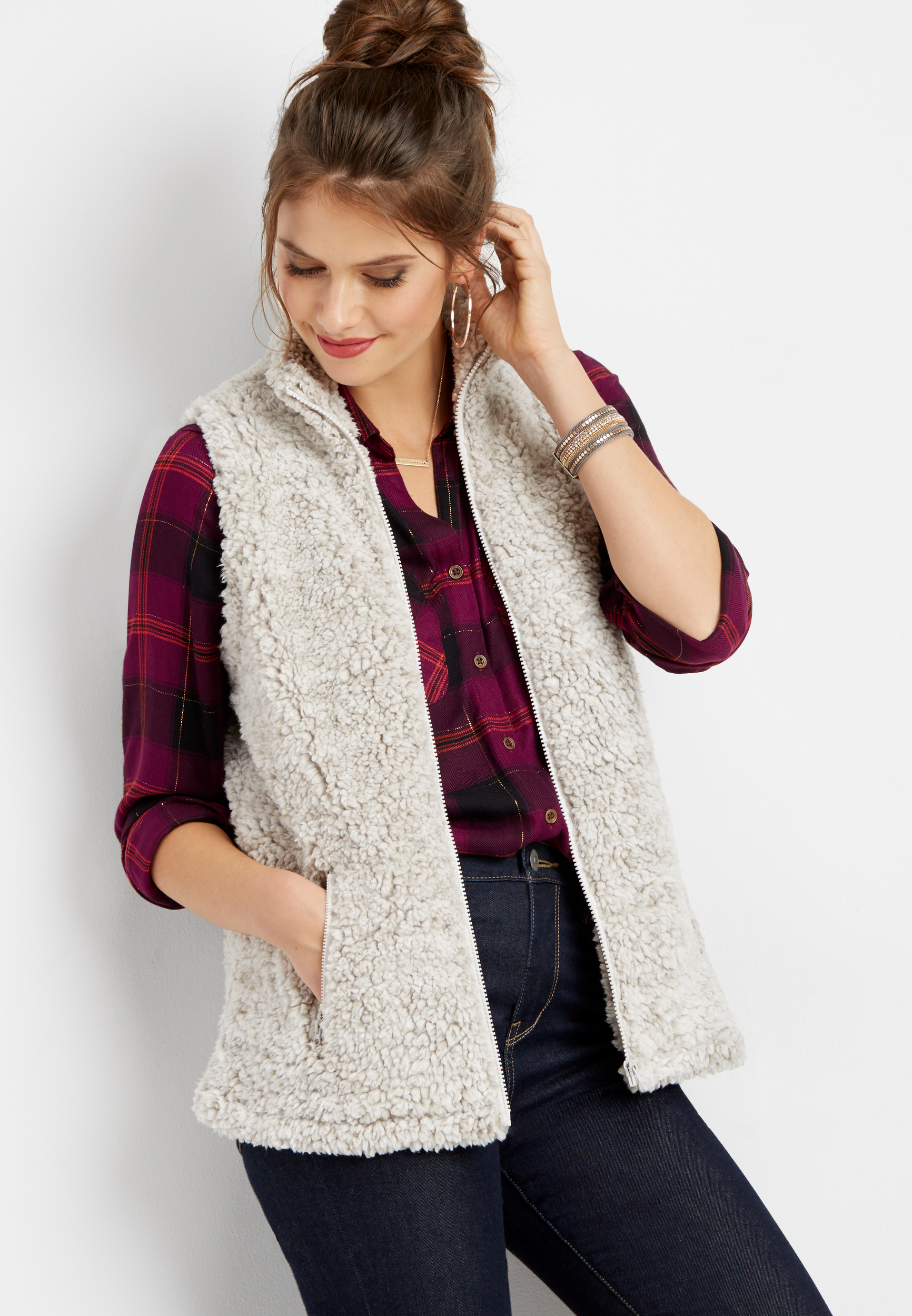 zip front sherpa vest | maurices
