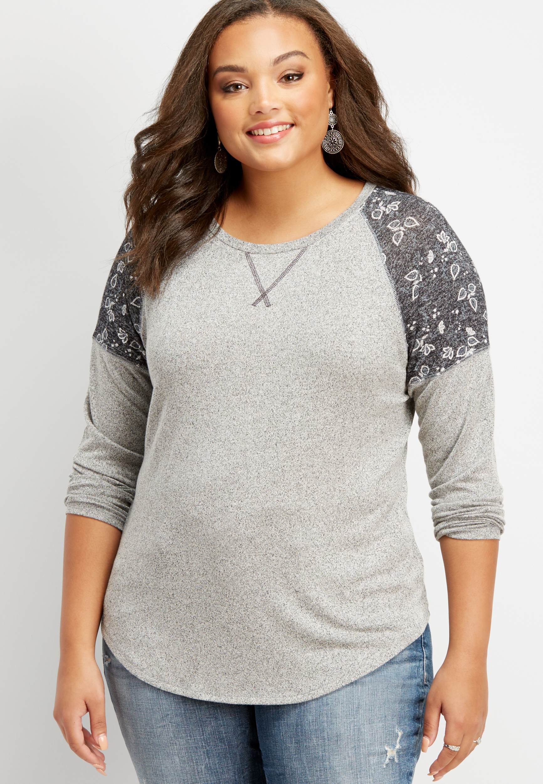 plus size 24/7 paisley shoulder baseball tee | maurices