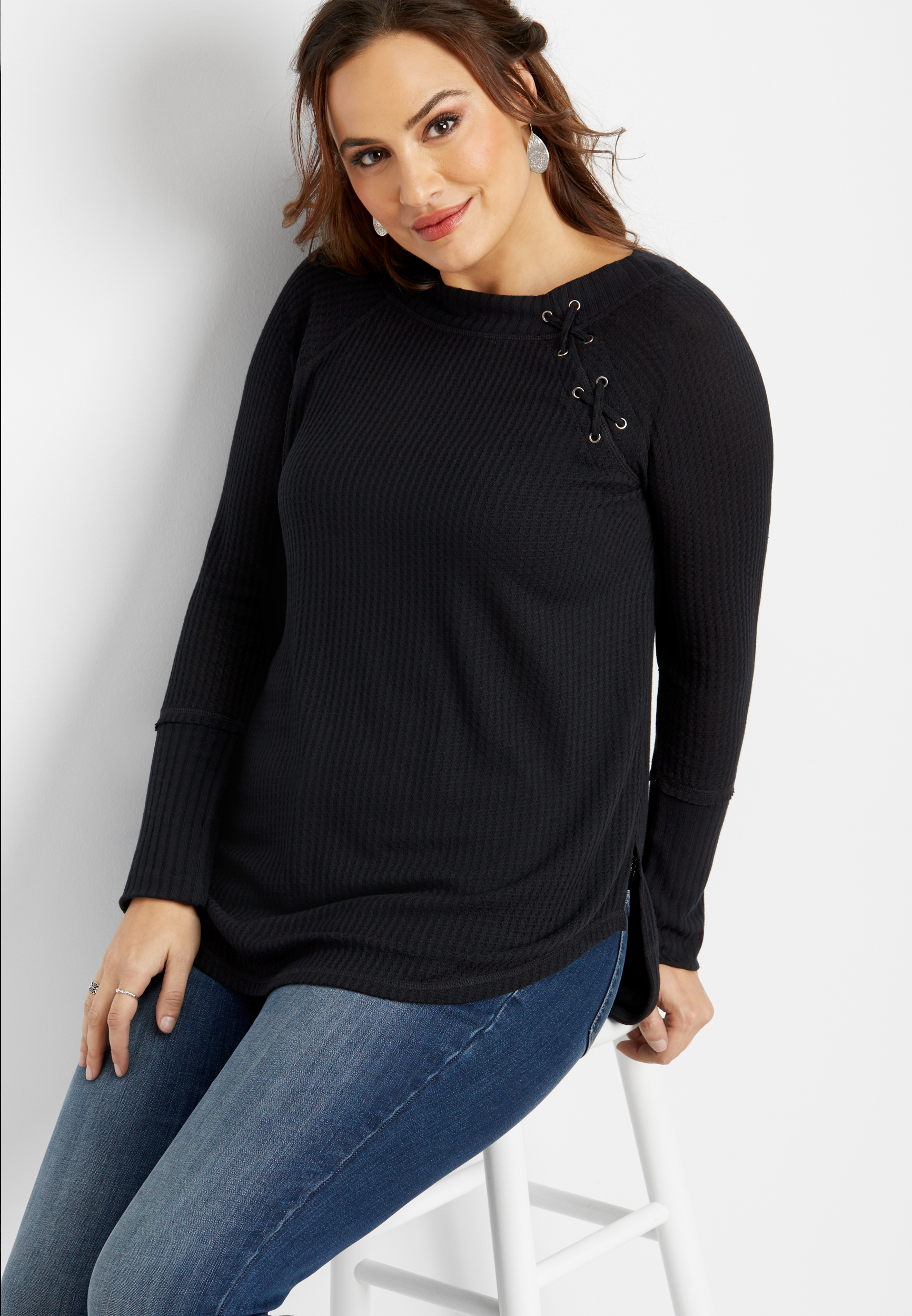 plus size lace up waffle tunic pullover | maurices