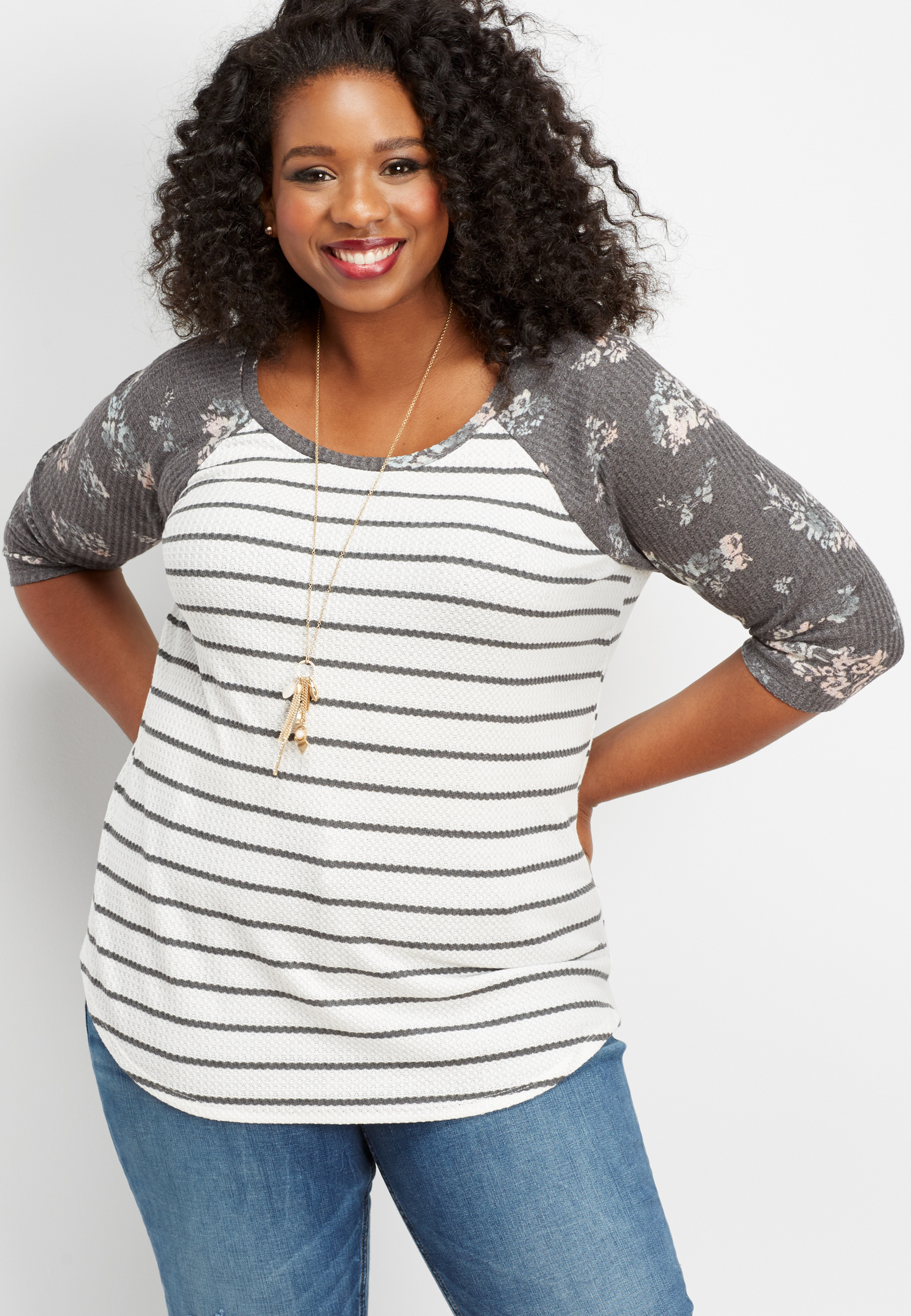 plus size 24/7 thermal floral stripe baseball tee | maurices