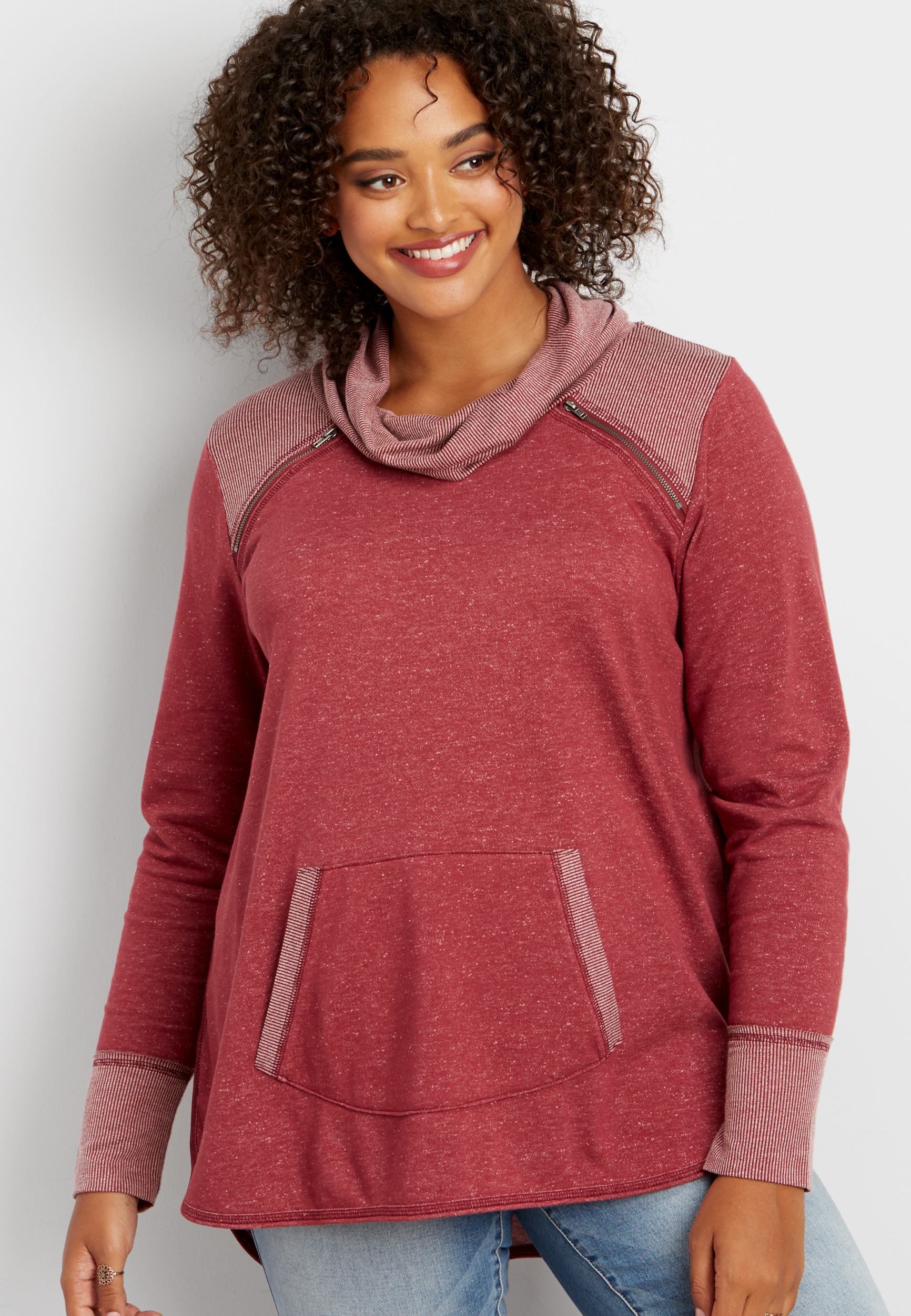 plus size pullover cowl neck sweatshirt with zippers | maurices