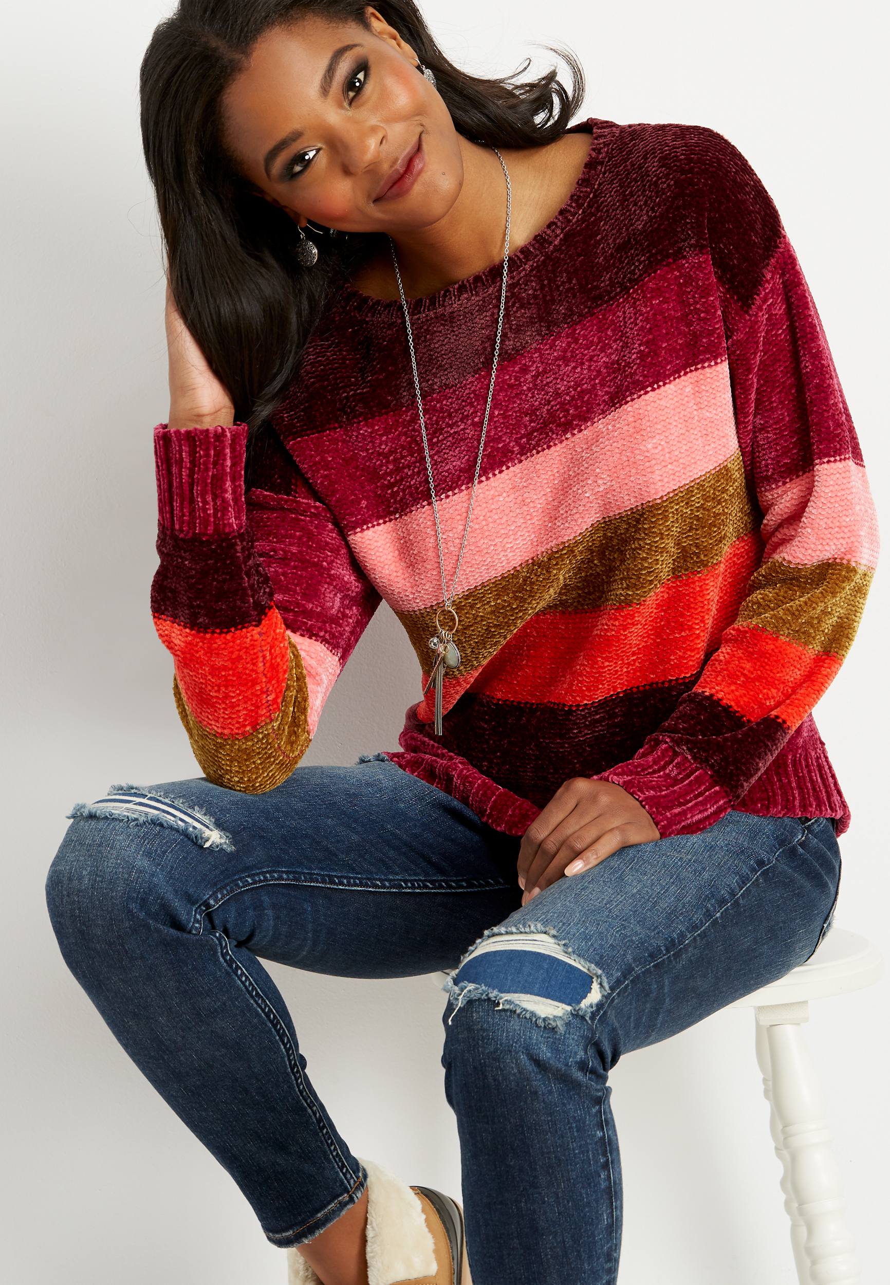 stripe print chenille pullover | maurices