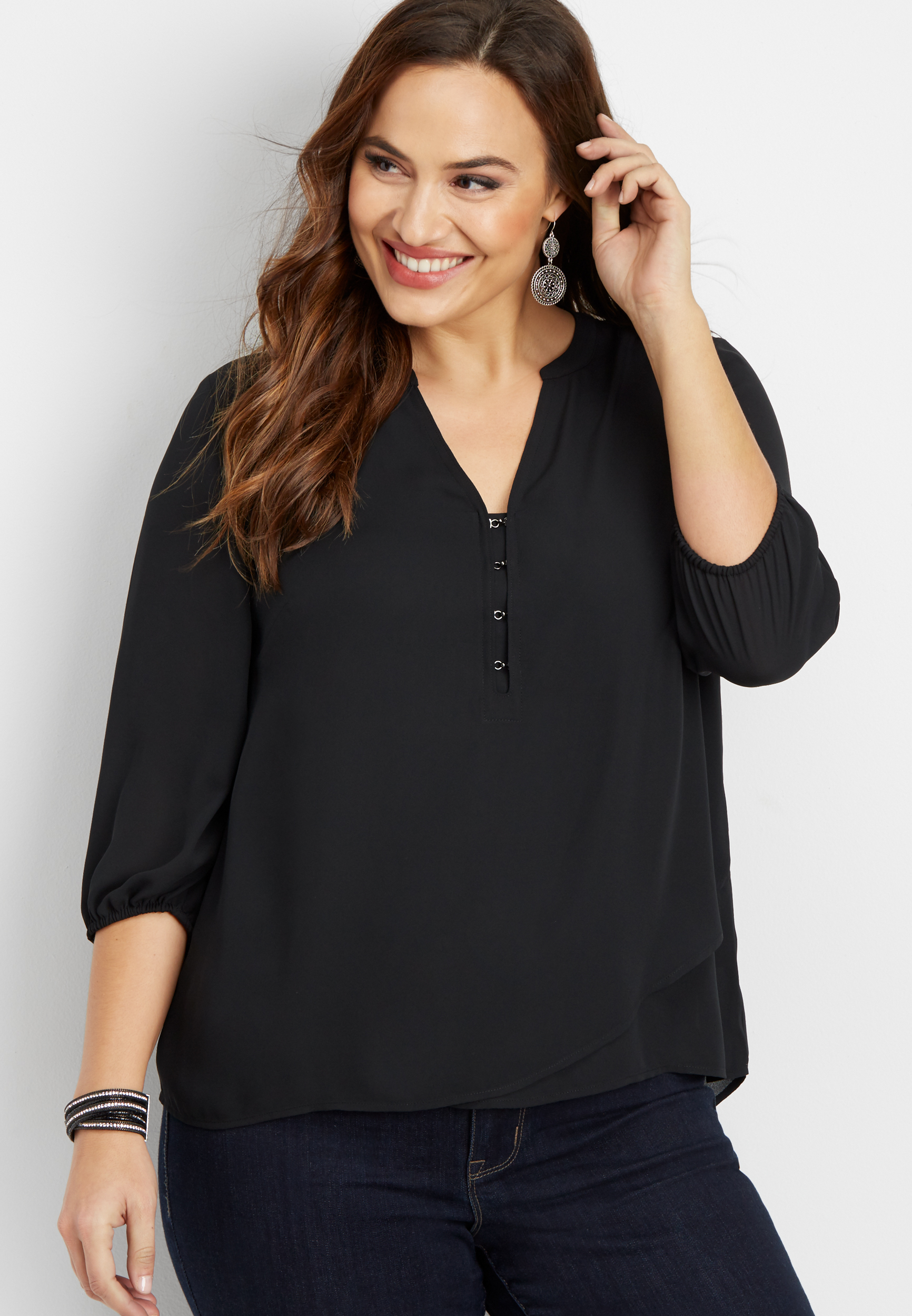 plus size hook and eye solid blouse | maurices