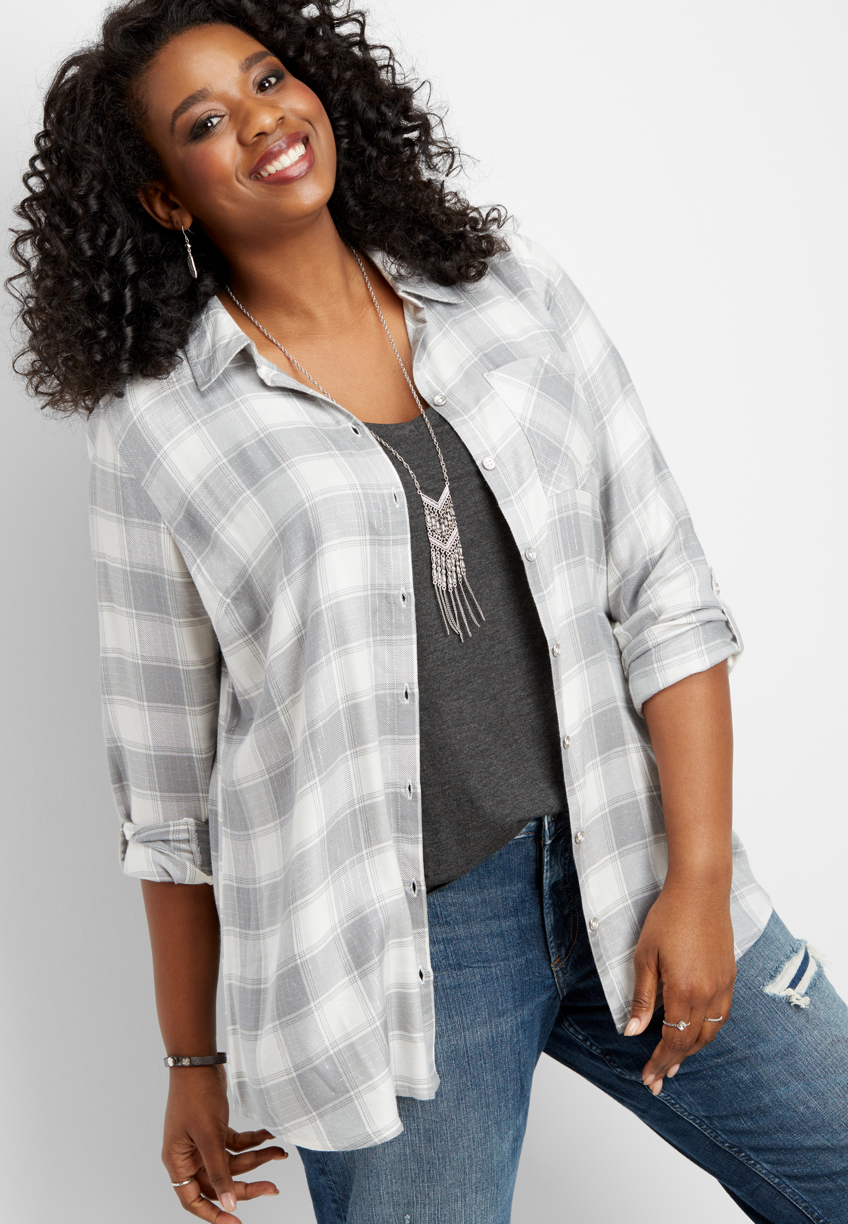 plus size plaid button down tunic shirt | maurices