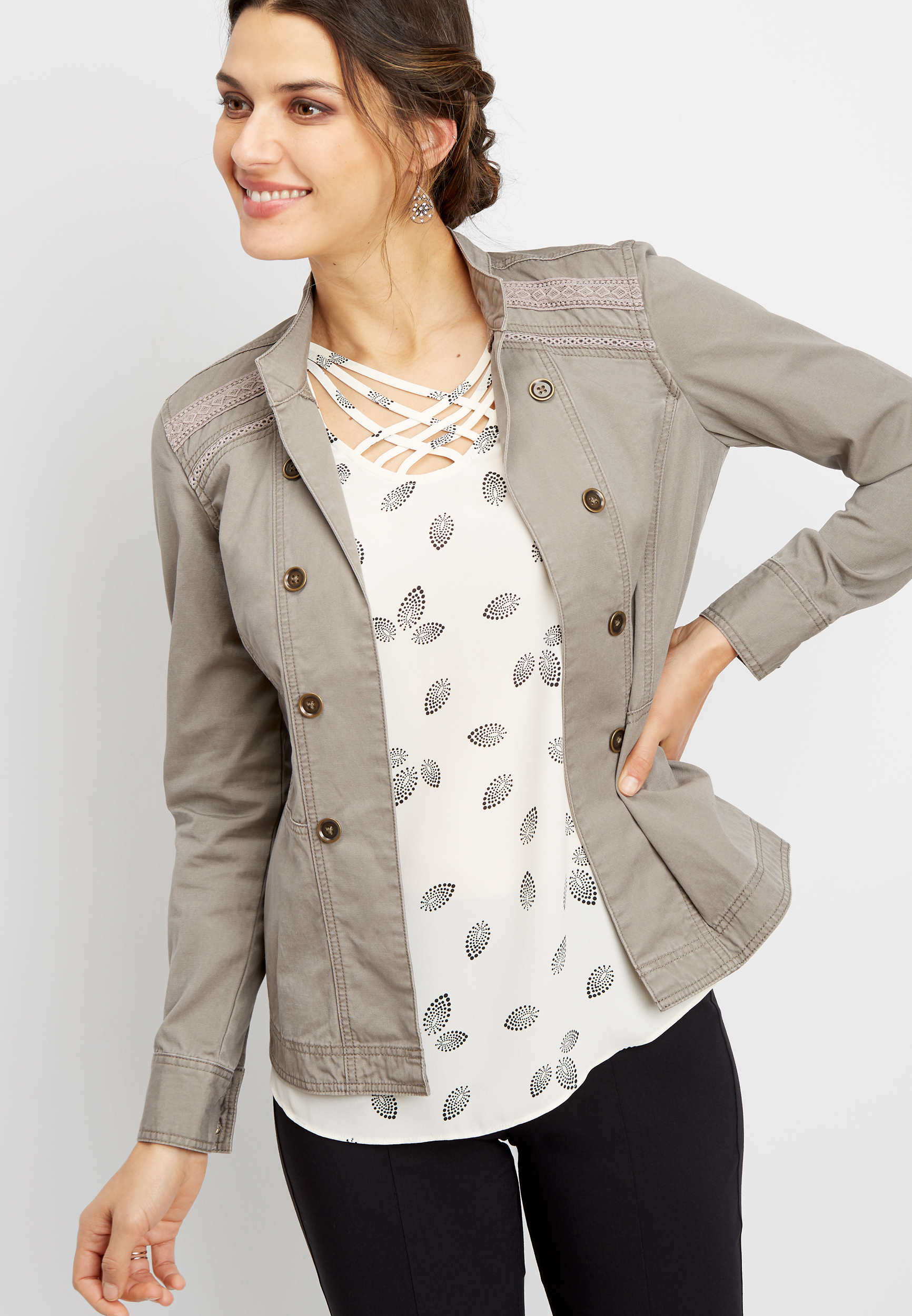 crocheted trim military jacket | maurices