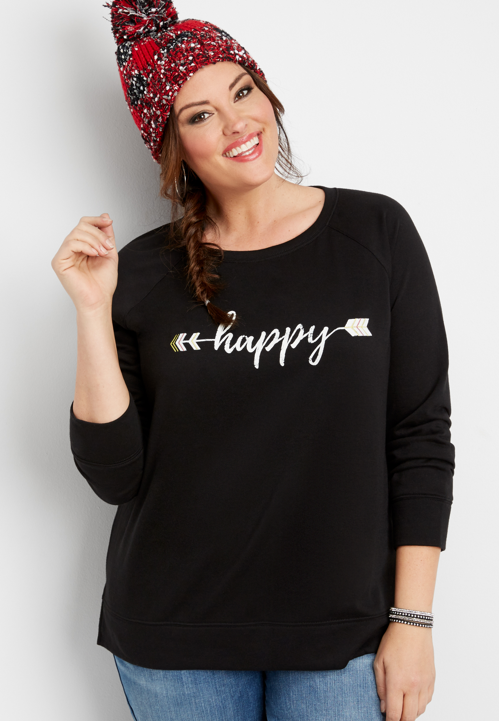 plus size embroidered happy graphic pullover | maurices