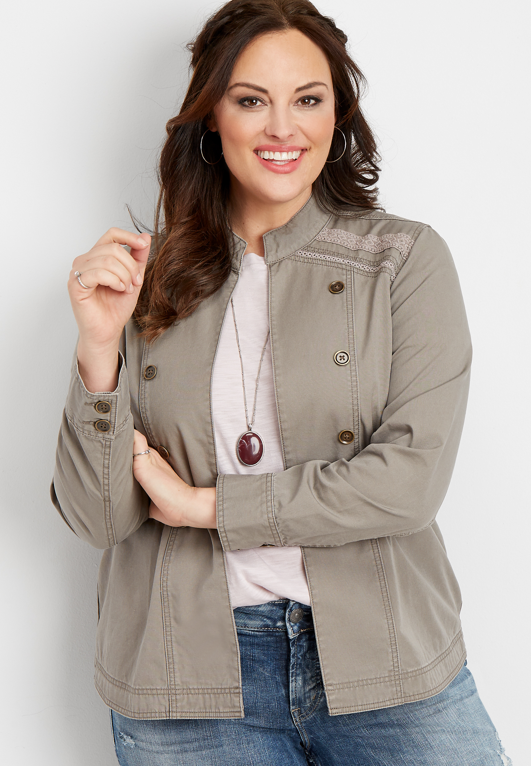 plus size crocheted trim military jacket | maurices