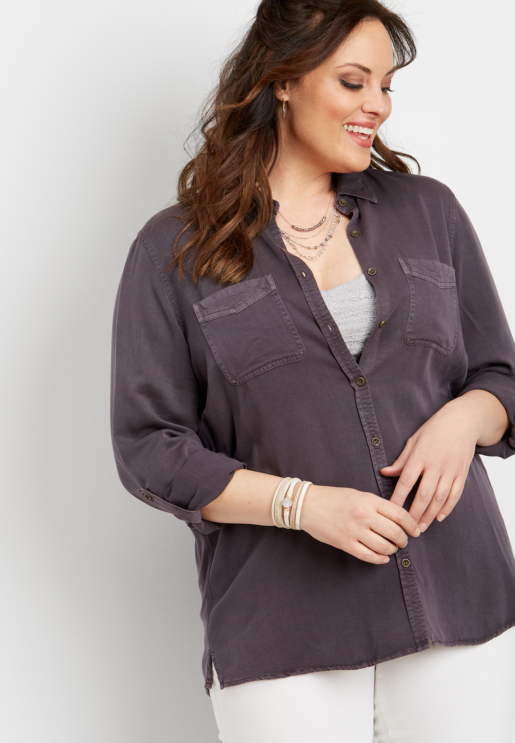 plus size solid button front long sleeve top | maurices