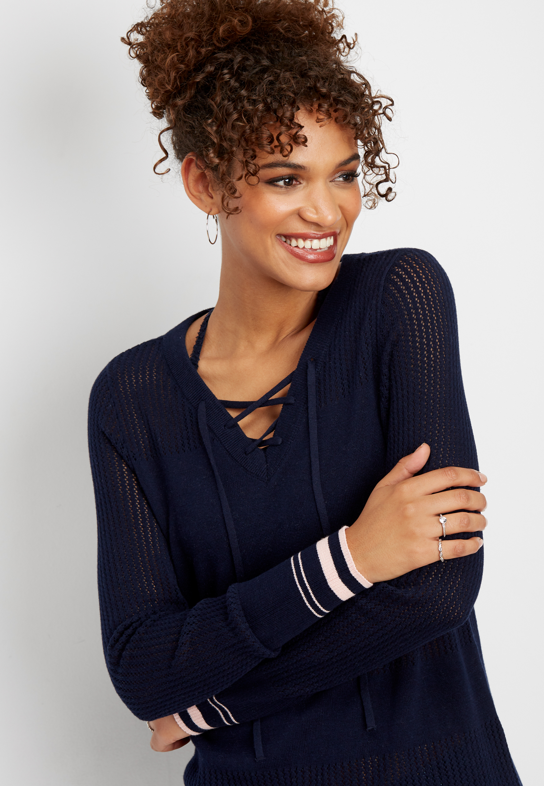 lace up neck stripe hem pullover | maurices