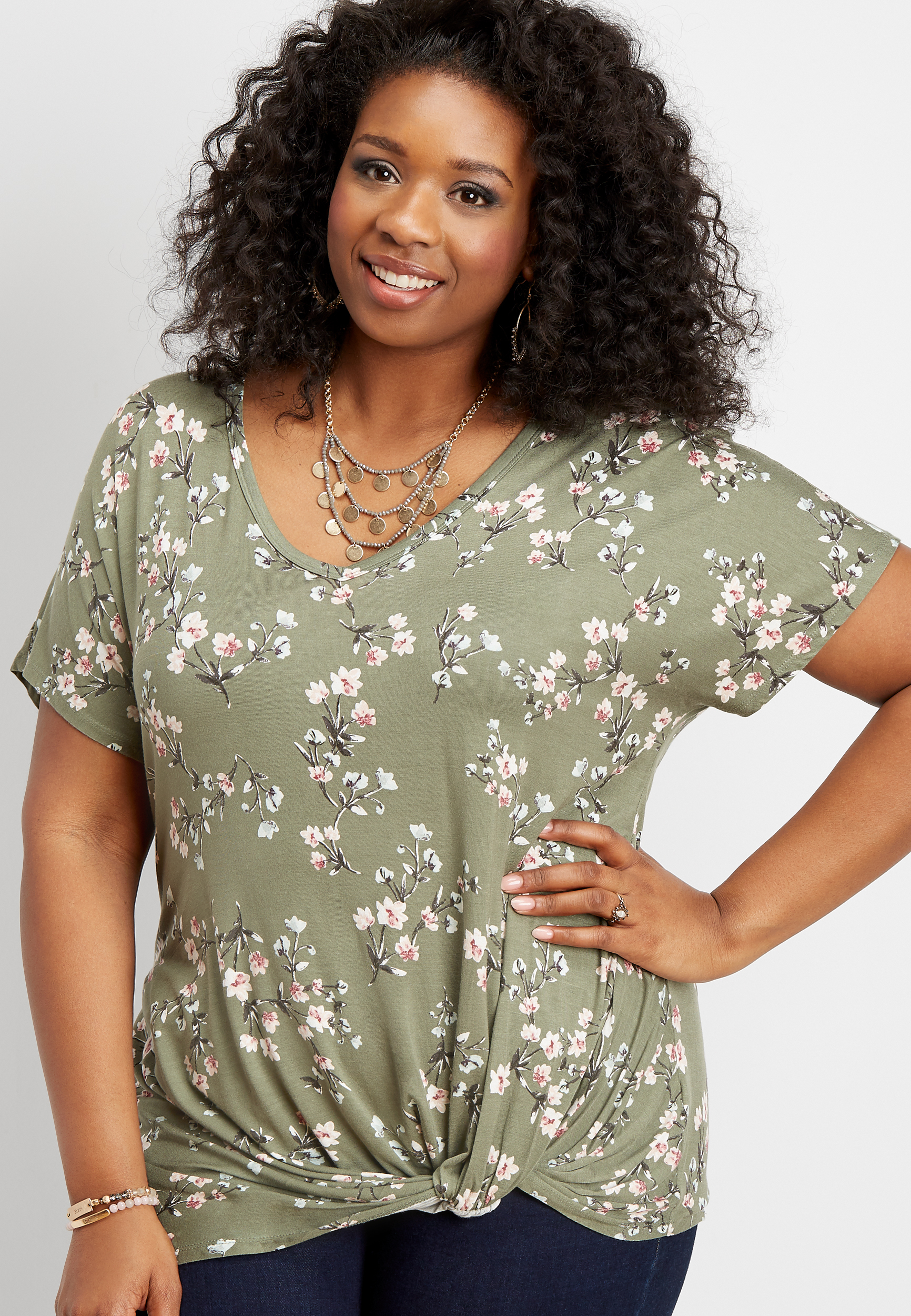 plus size 24/7 floral knot front tee | maurices