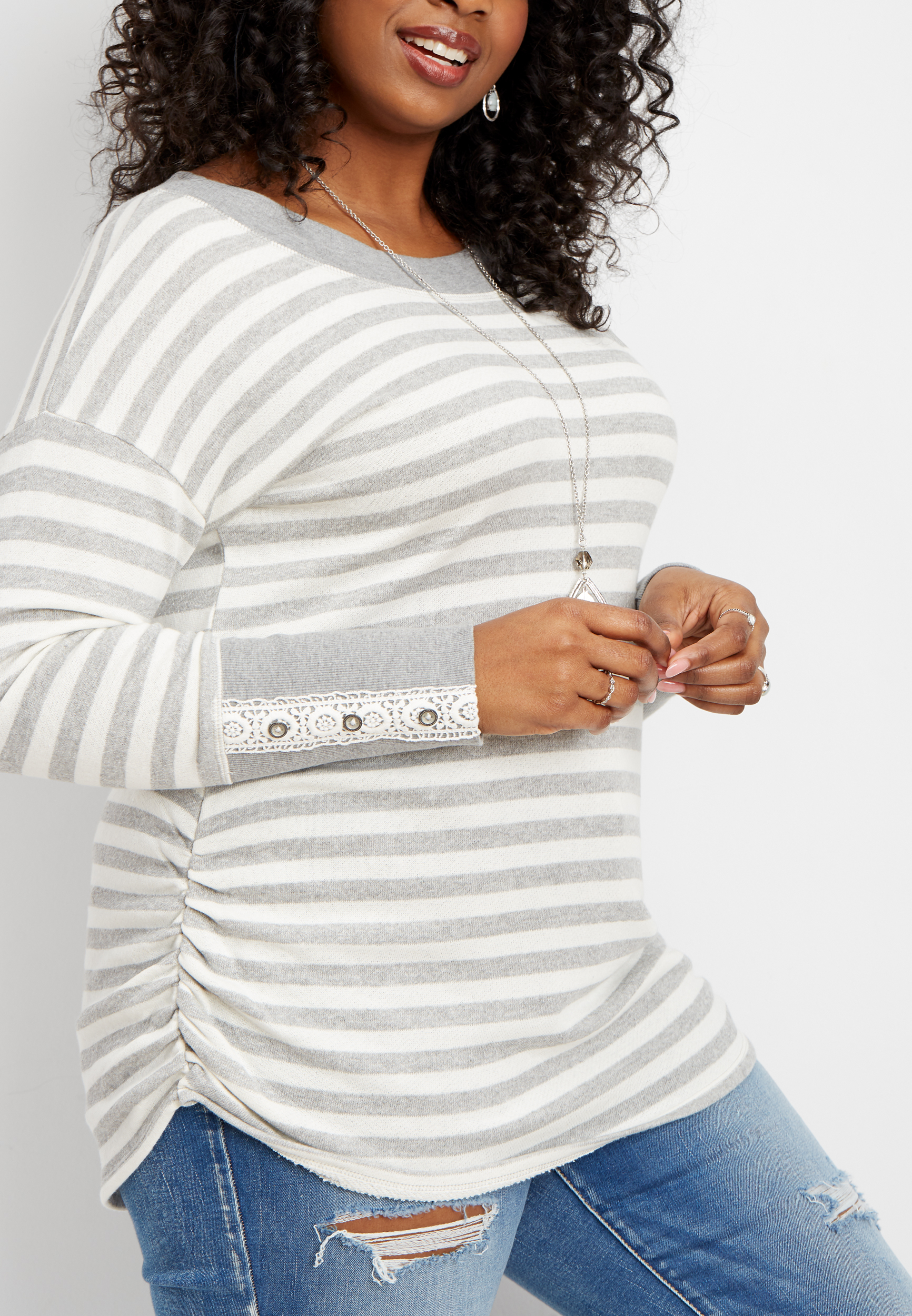 plus size crocheted cuff stripe print tunic pullover | maurices
