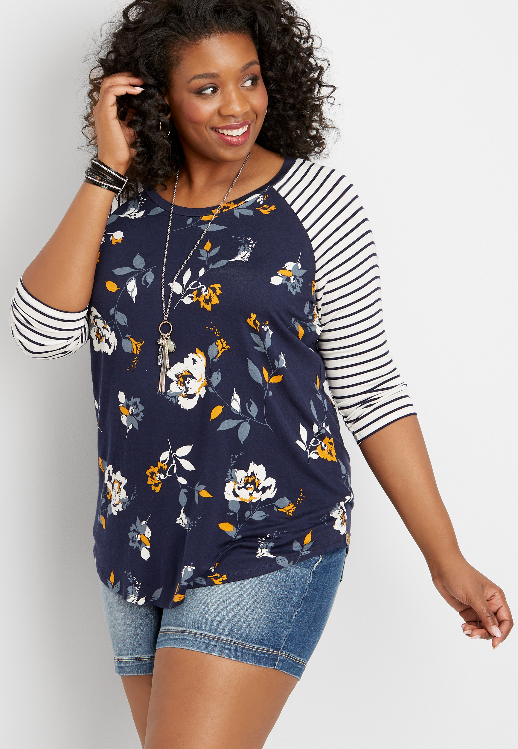 plus size 24/7 mixed print baseball tee | maurices