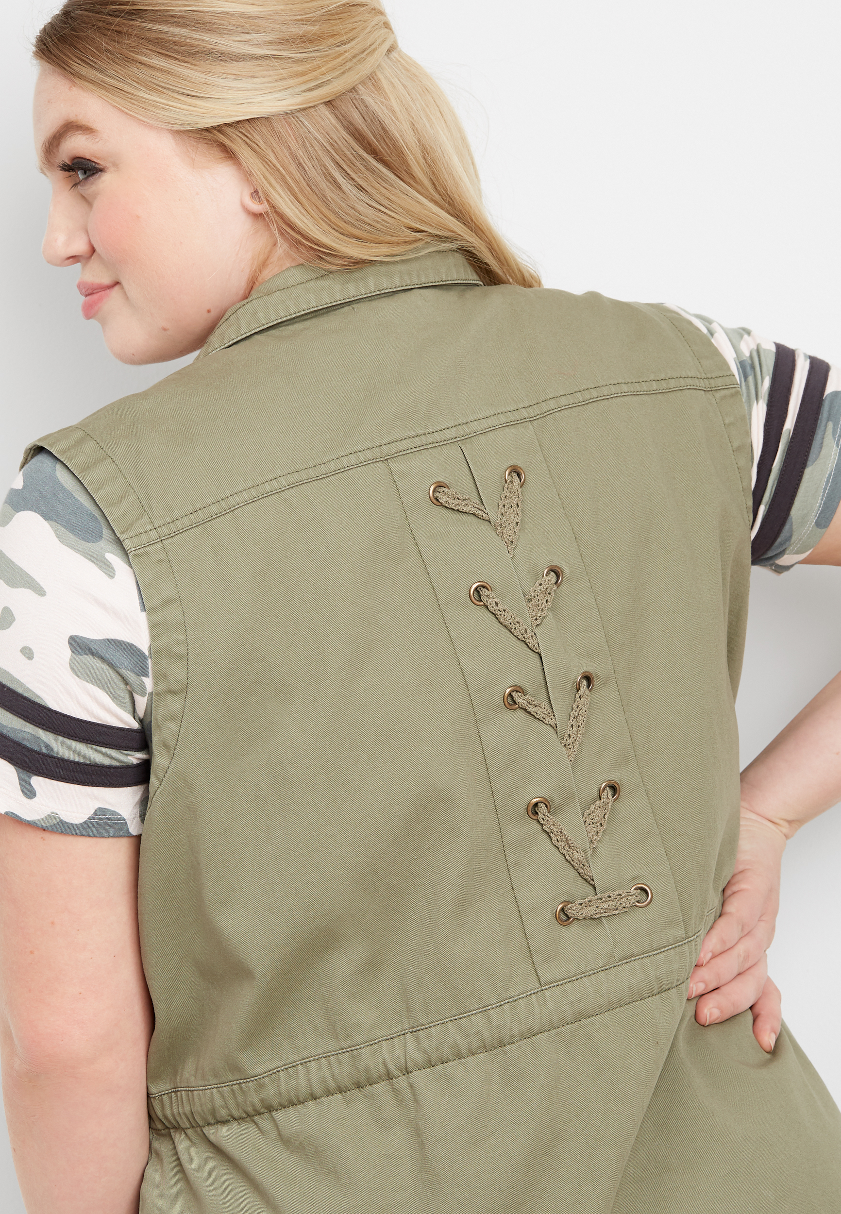 plus size olive lace up back vest | maurices