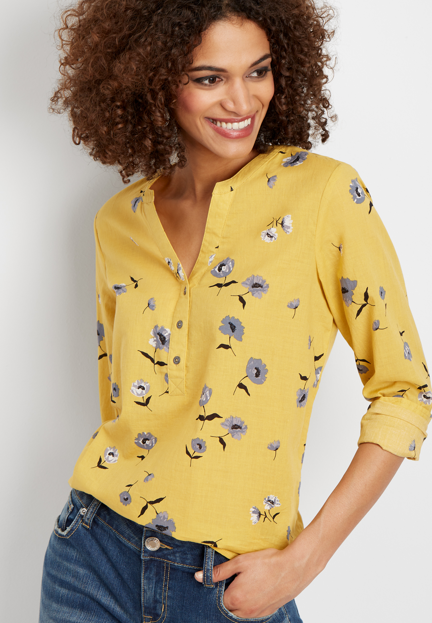 floral button down v-neck top | maurices