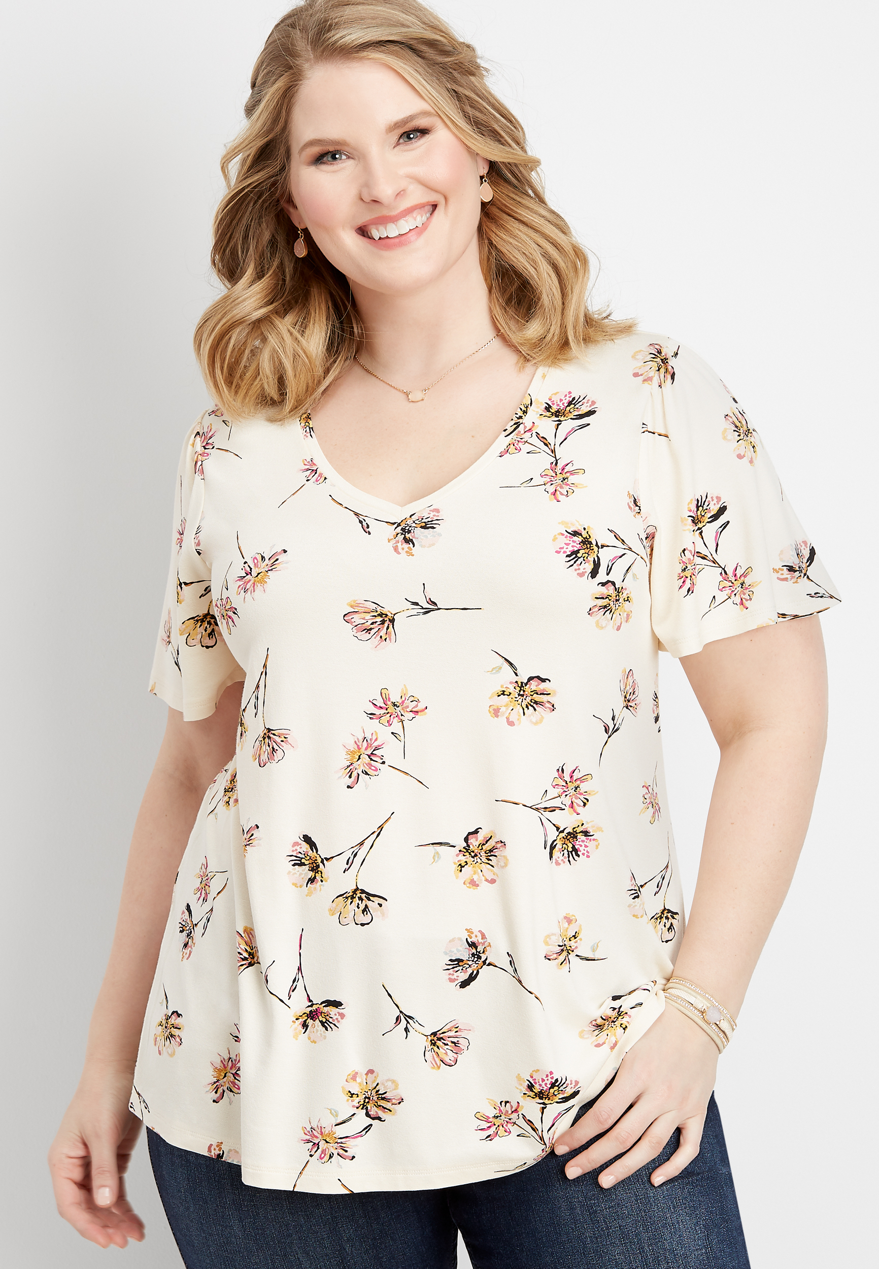 plus size 24/7 floral v-neck flutter sleeve tee | maurices