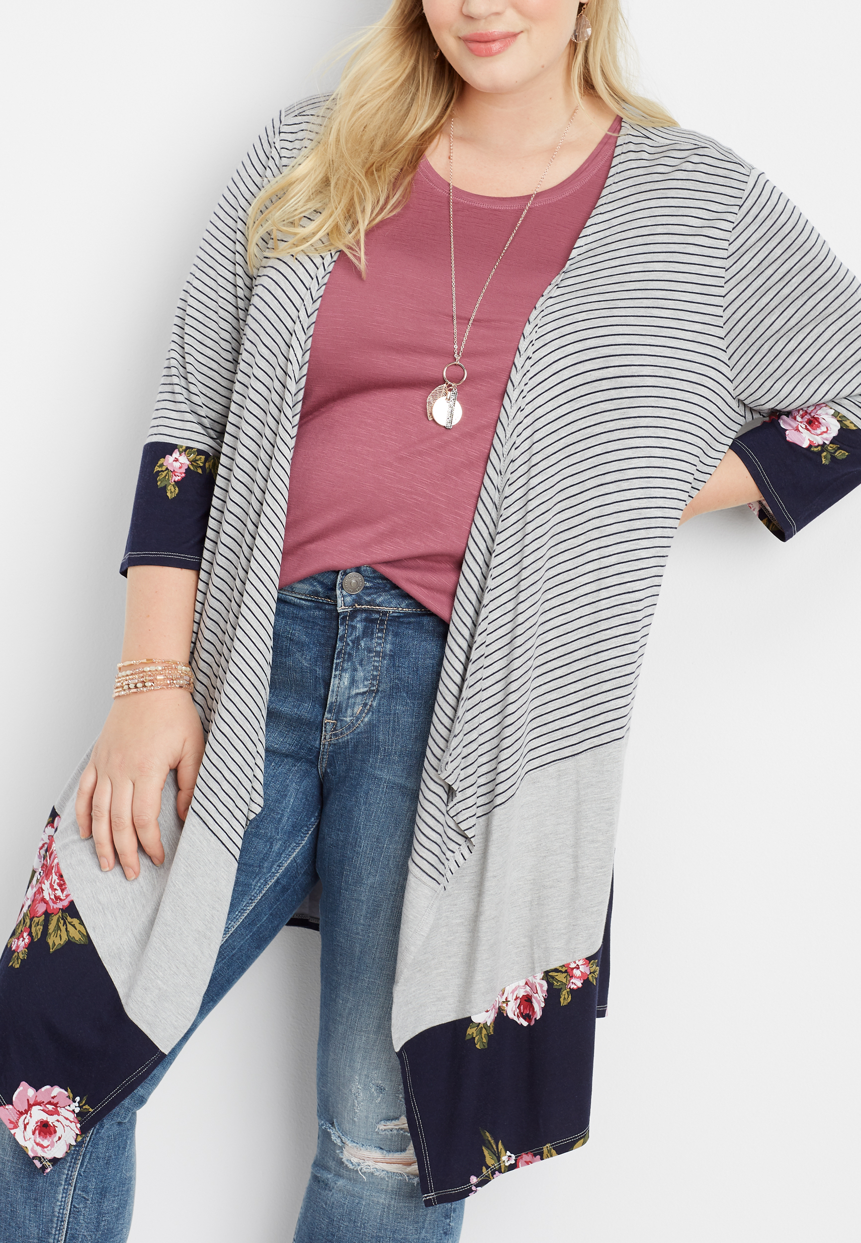 plus size floral stripe colorblock cardigan | maurices