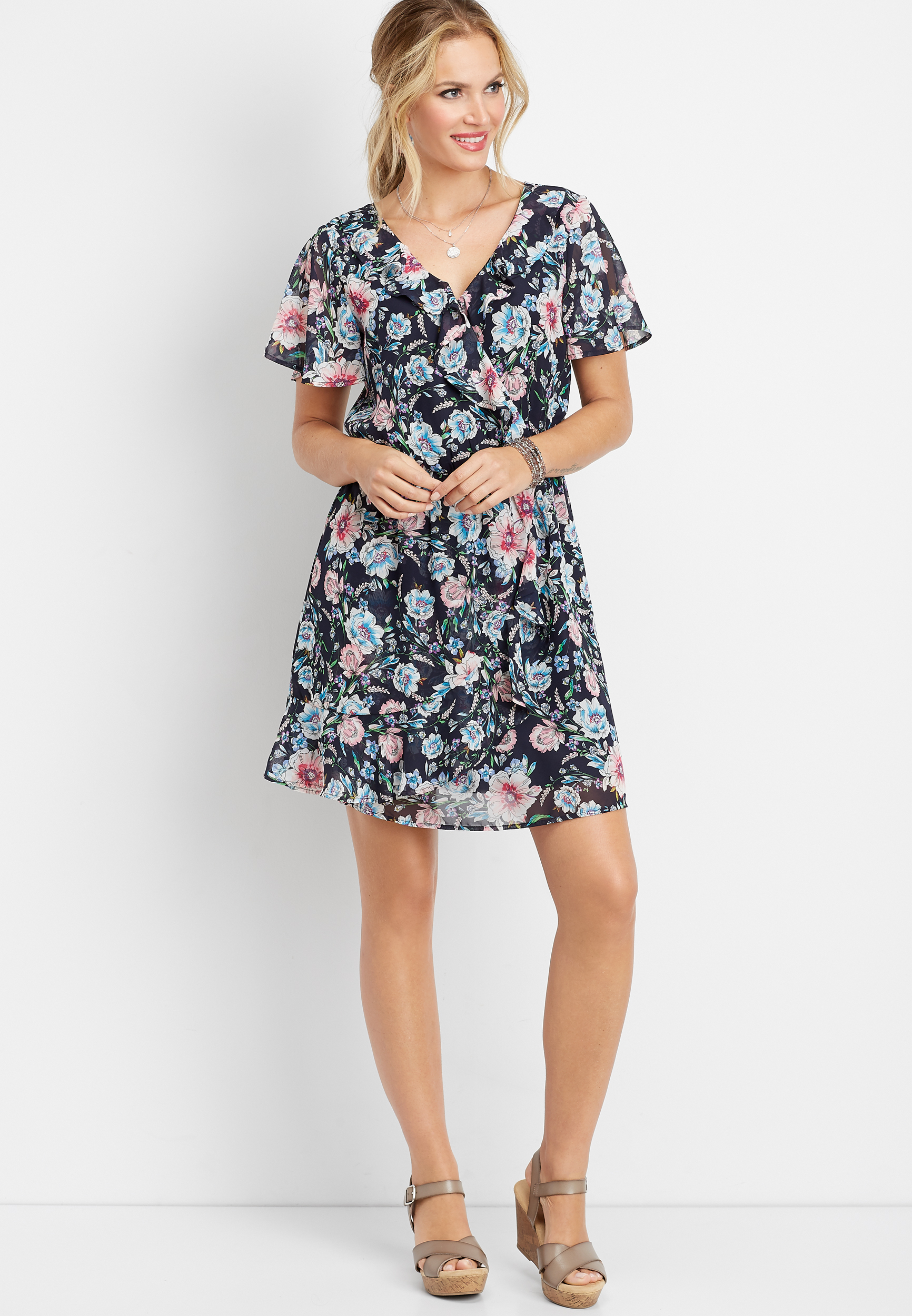 floral ruffled wrap front dress | maurices