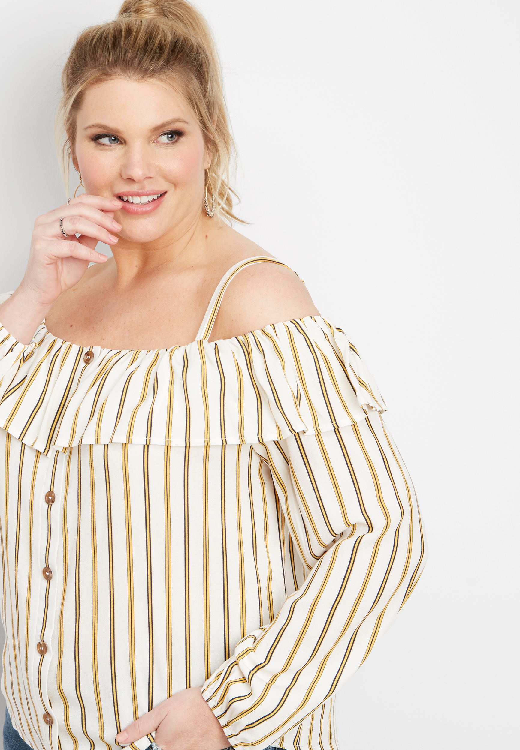 plus size stripe button cold shoulder top | maurices