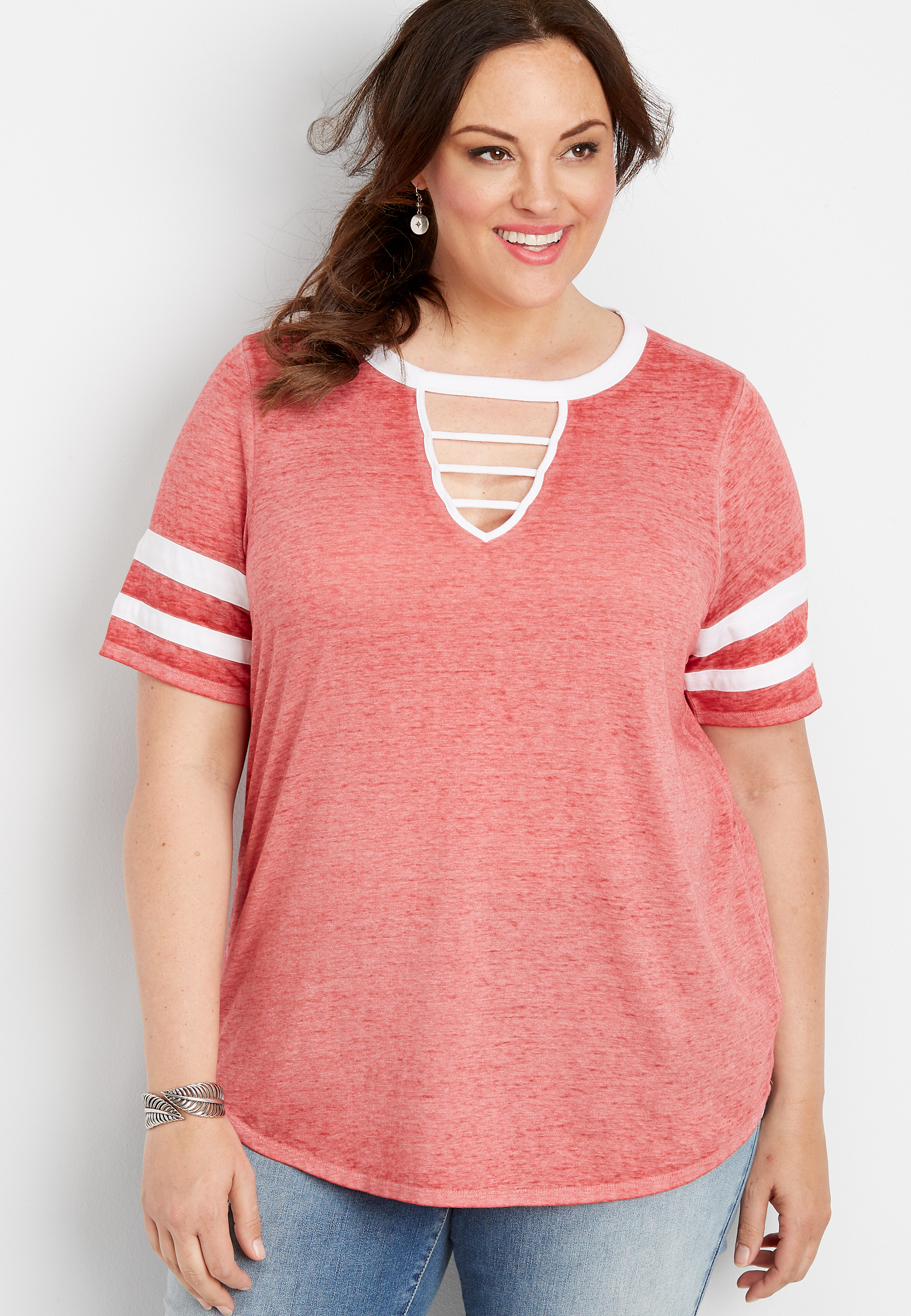 plus size 24/7 cutout neck baseball tee | maurices