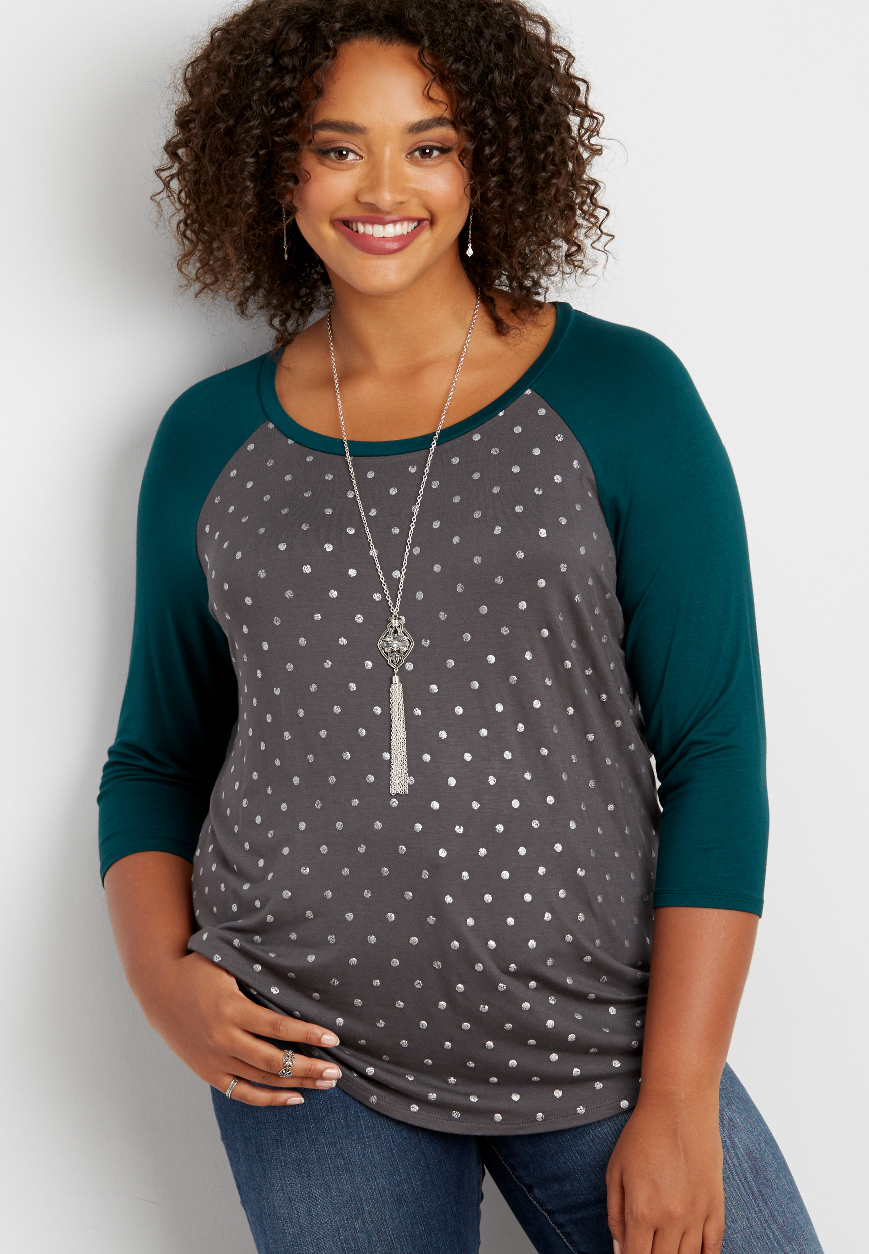 the 24/7 plus size metallic dot print baseball tee | maurices