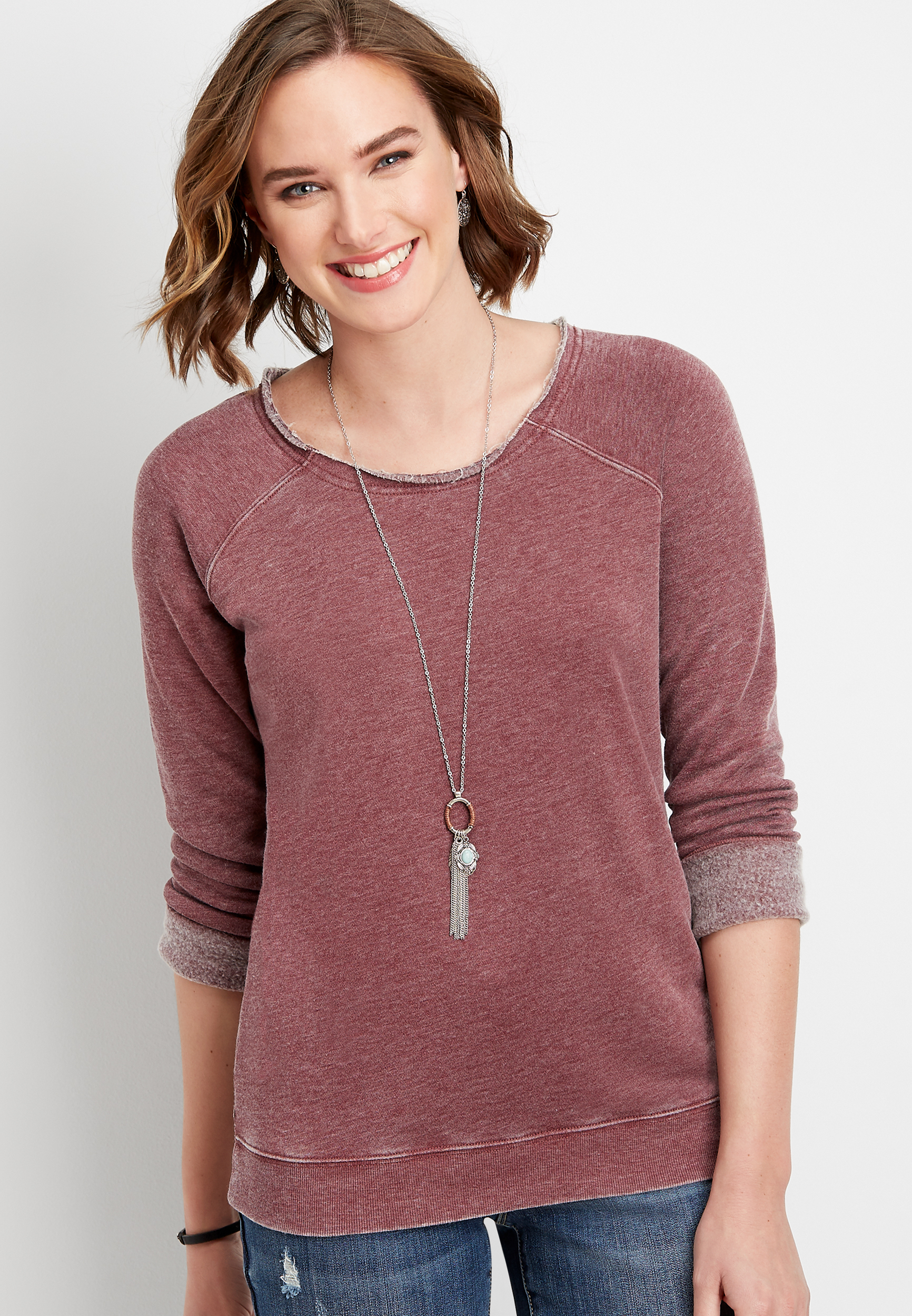 raw edge neck solid pullover | maurices