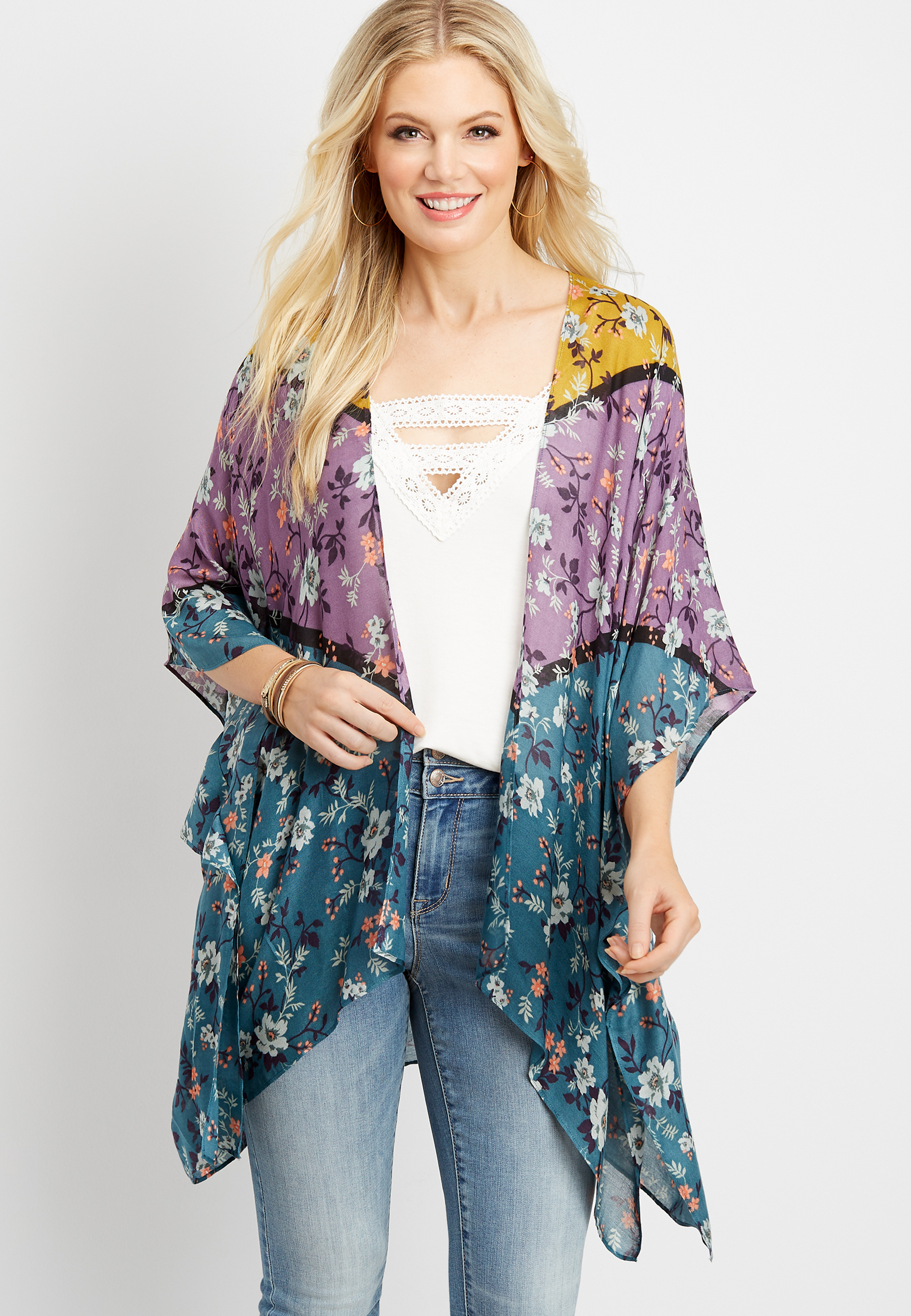 open front colorblock floral ruana | maurices