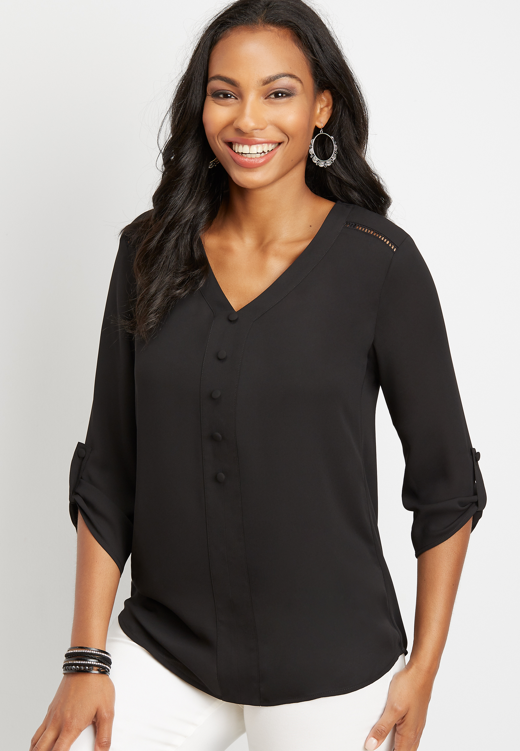 lattice shoulder button front tunic blouse | maurices
