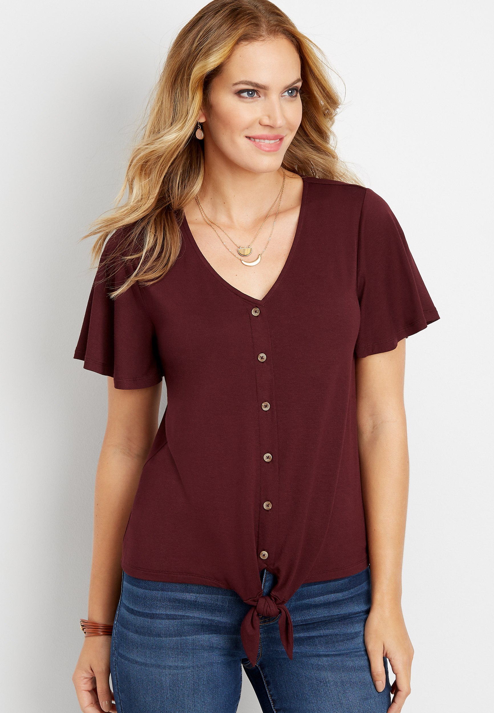 solid button down v-neck top | maurices